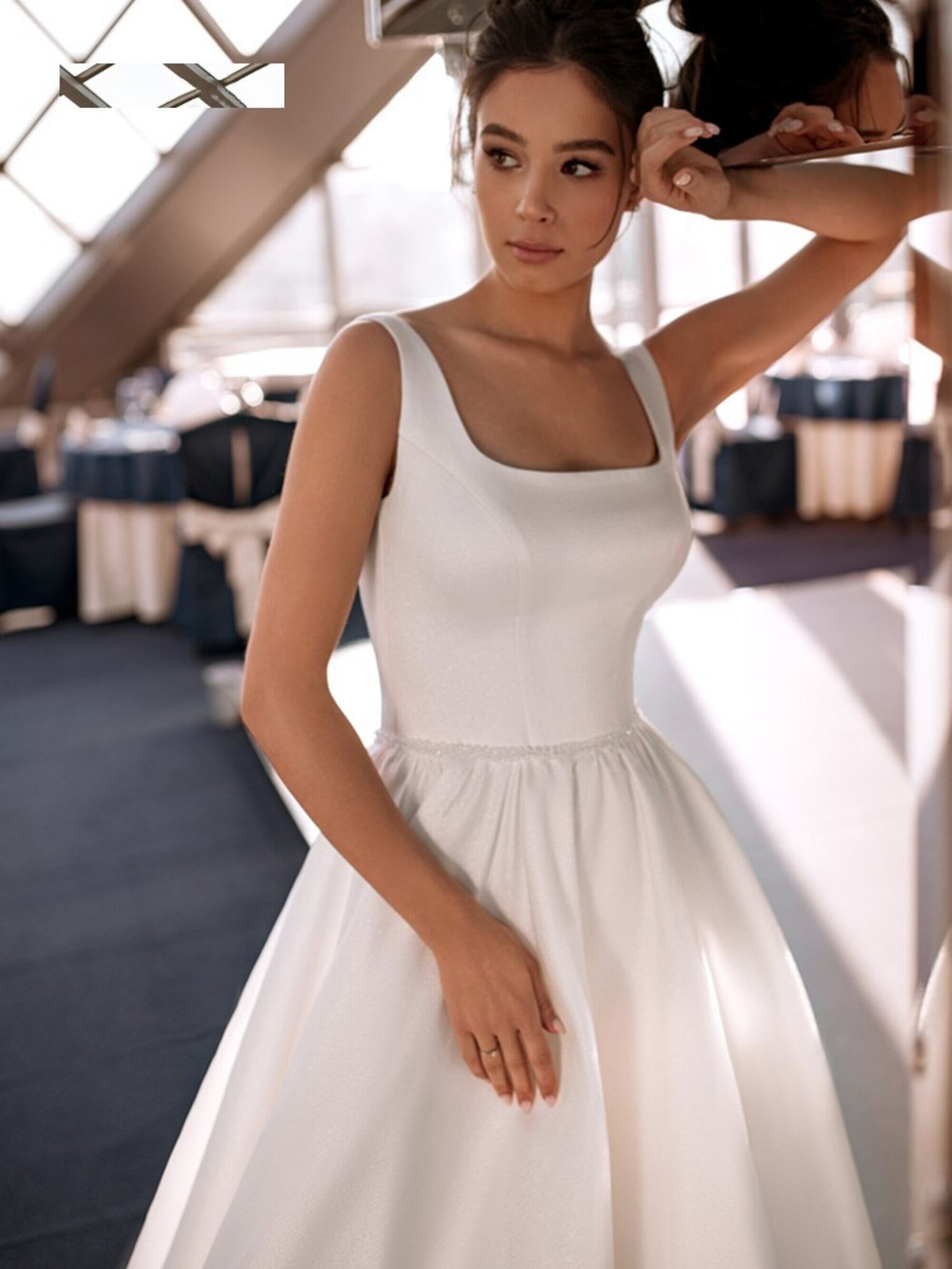 Elegant A-line Satin Princess Wedding Dress Sleeveless, Backless, Boat ...