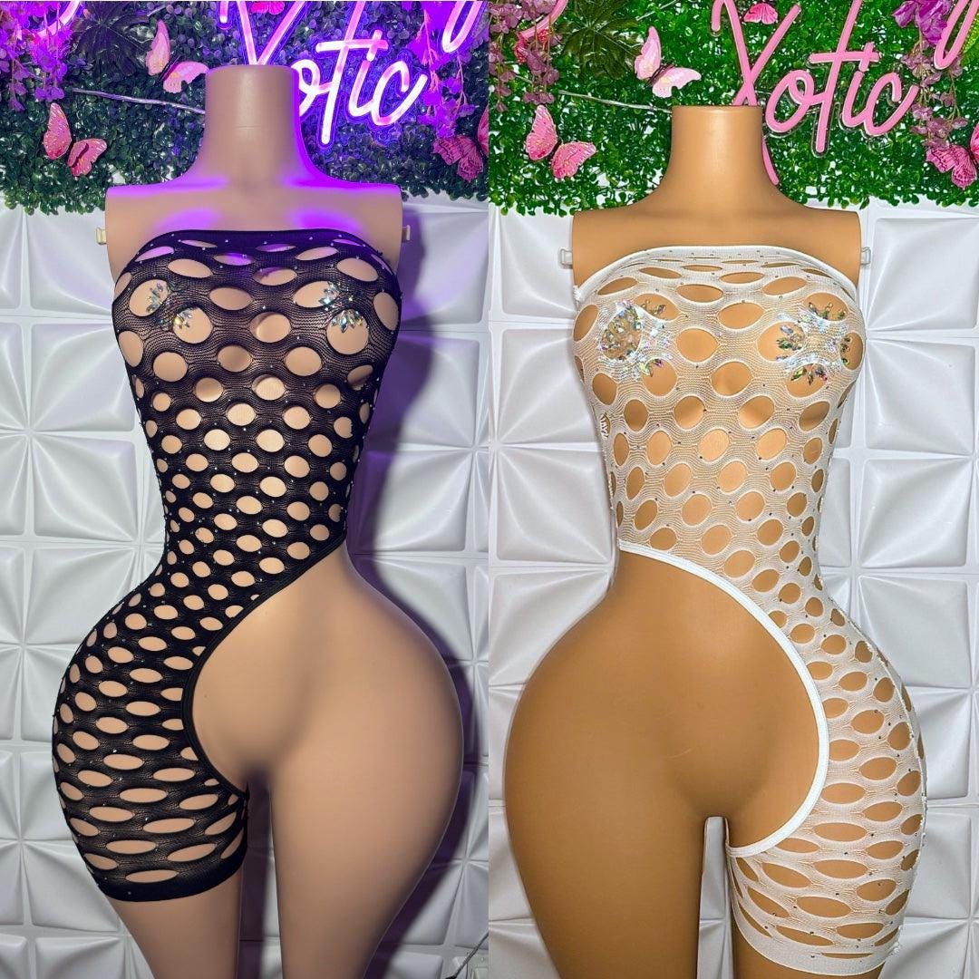 Exotic Dancewear Fishnet Romper Bedazzled Studded Small Stones Asymmetrical “boss Chick” by SD ...
