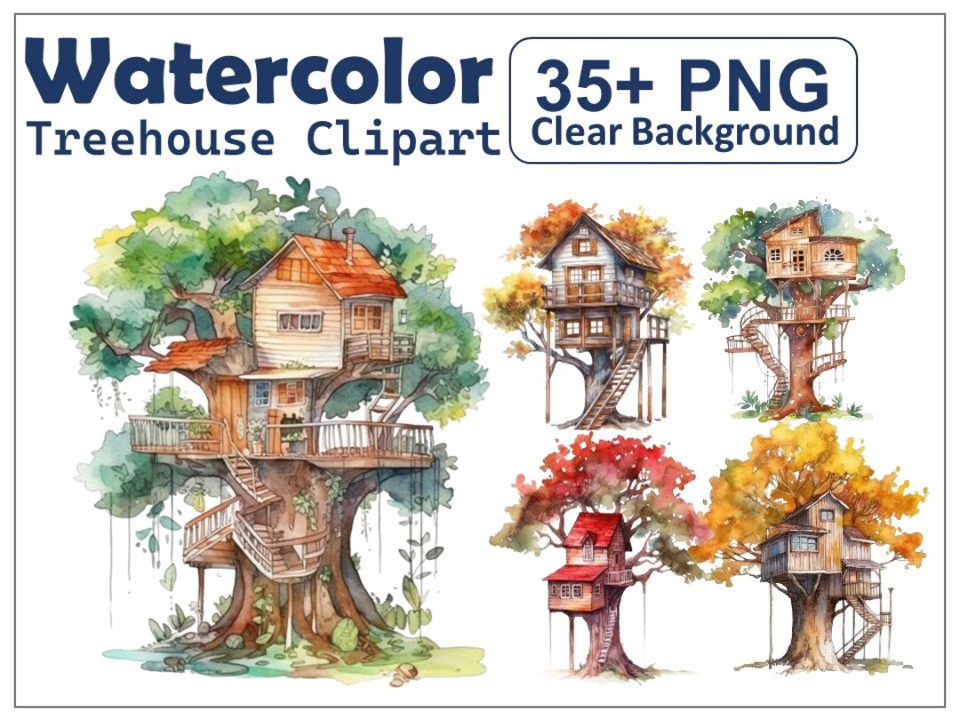 Treehouse Clipart Watercolor, 35 PNG With Clear Background, Summer Tree ...