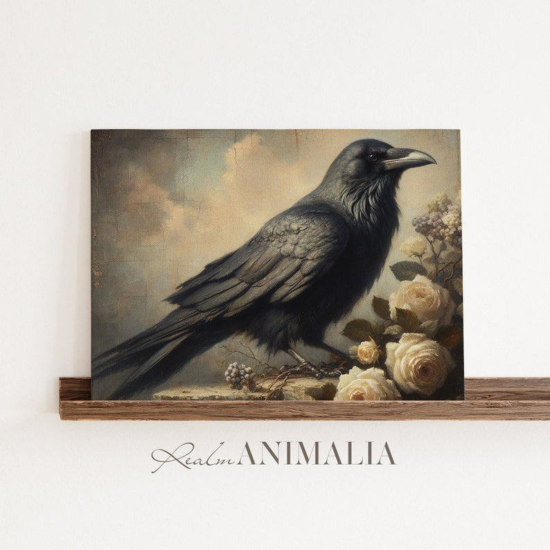 Vintage Raven and Roses Art Print, Dark Academia Wall Decor, Gothic ...
