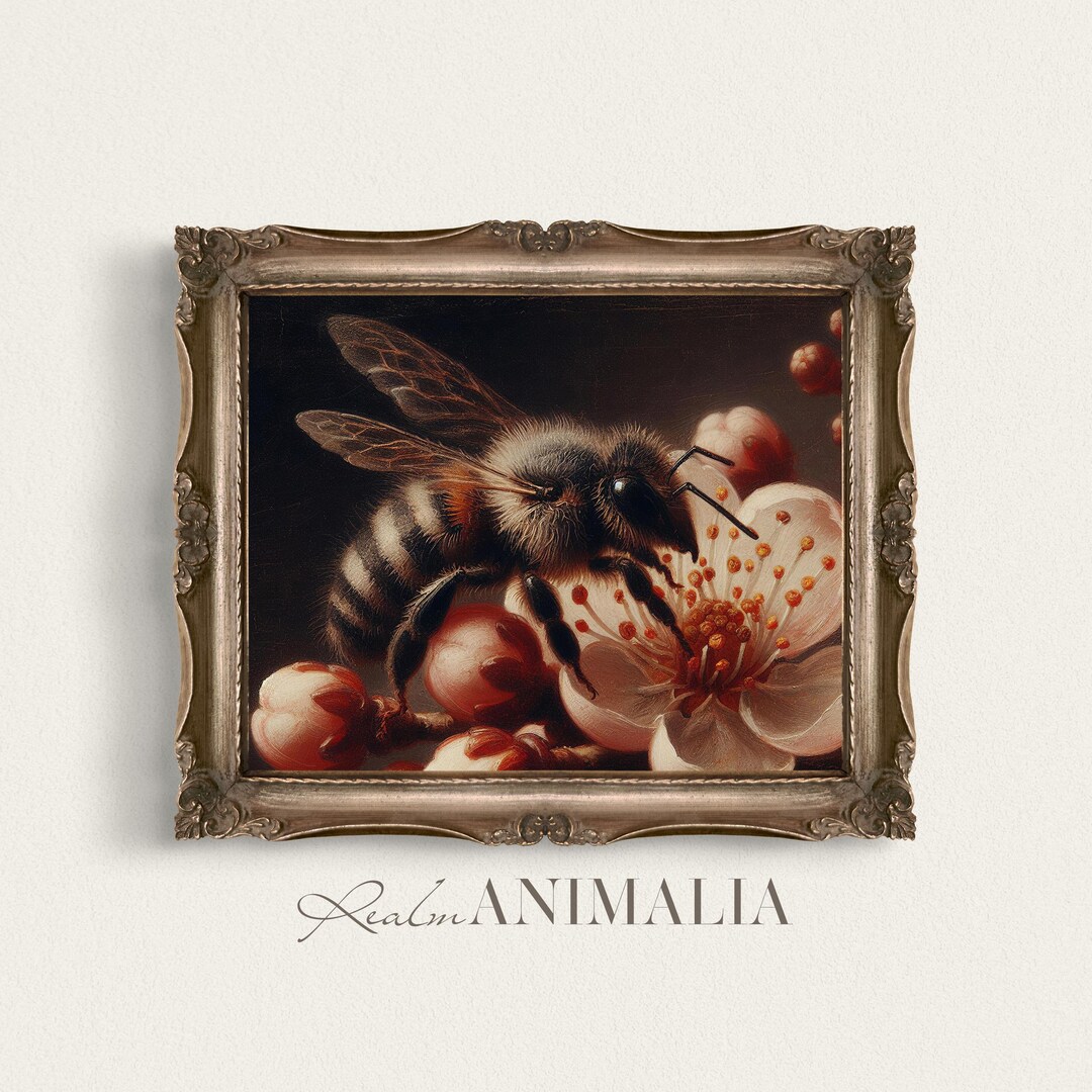 Bee Art Print, Dark Floral Cottagecore Honeybee Painting (digital ...