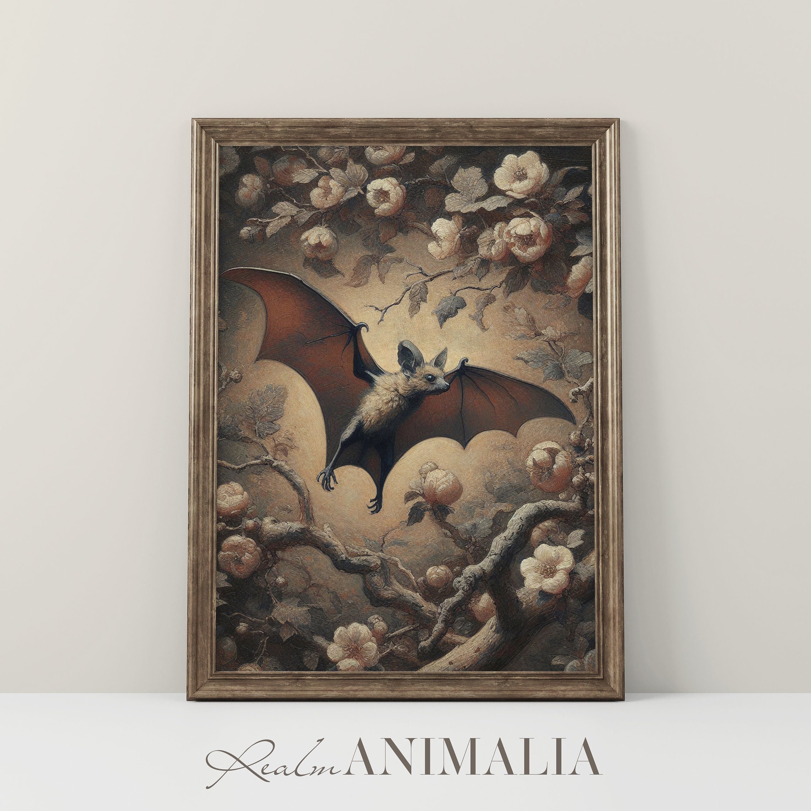 Flying Bat Printable Painting Vintage Neutral Floral Botanical Bat Art ...