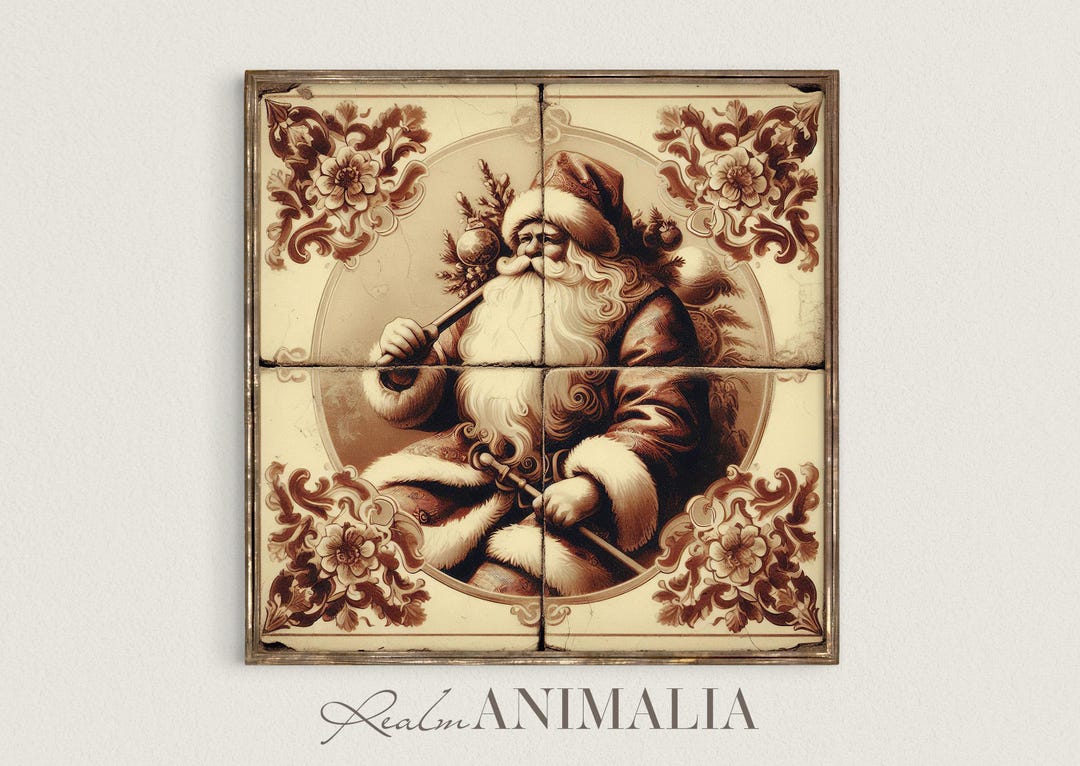 Santa Claus Printable Square Wall Art, Vintage Delft Ceramic Tile Art ...