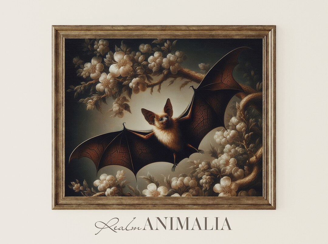 Flying Bat Art Print, Printable Vintage Floral Botanical Bat Painting ...