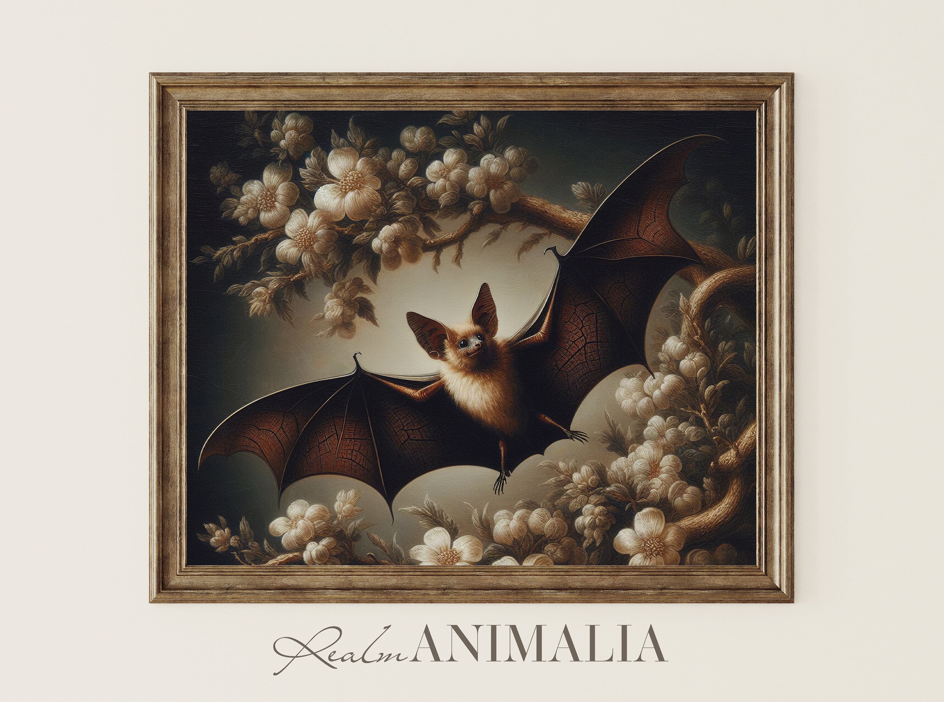 Flying Bat Art Print, Printable Vintage Floral Botanical Bat Painting ...