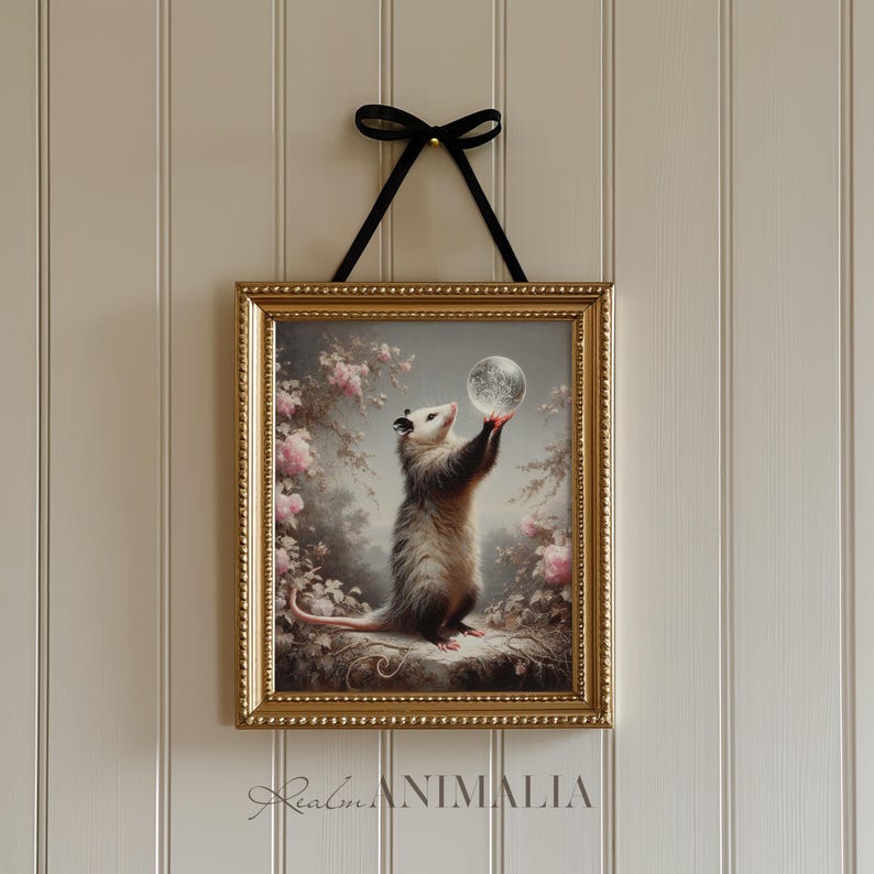 Whimsical Opossum Art Print, Floral Animal Portrait, Vintage Style Wall ...