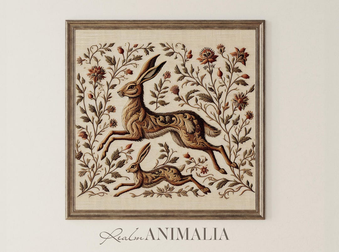 Leaping Hare Printable Square Vintage Textile Art, Botanical Rabbits ...