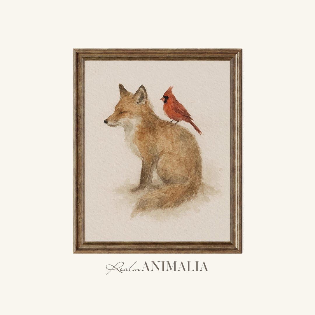Fox With Cardinal Art Print, Christmas Animal Illustration, Winter ...