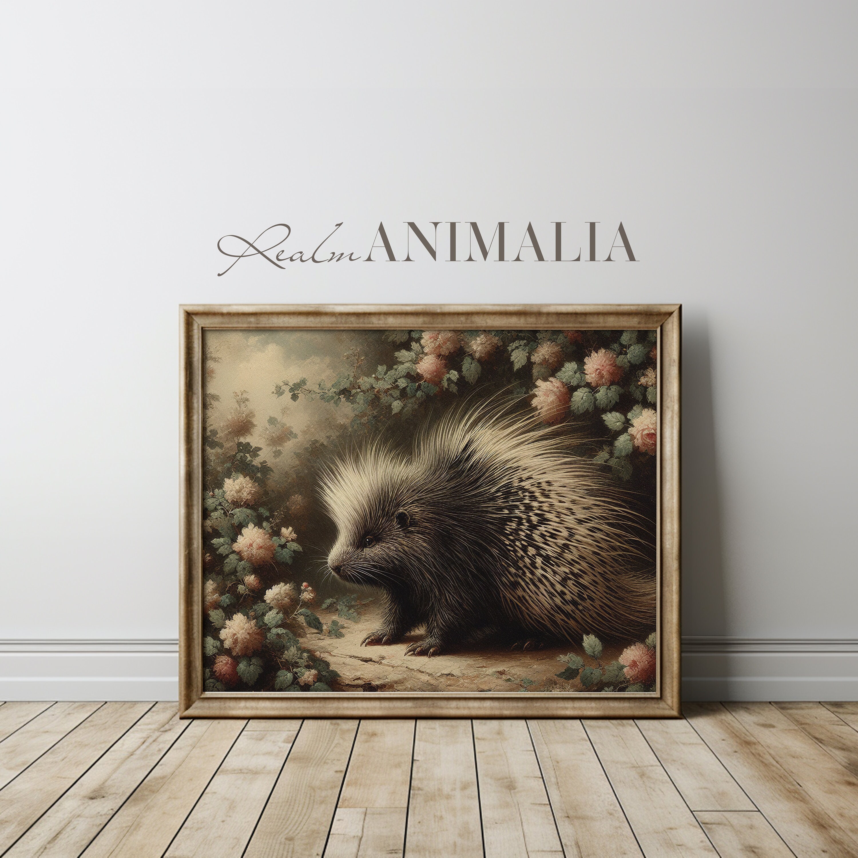 Vintage Porcupine Painting Printable Floral Forest Animal Fine Art ...