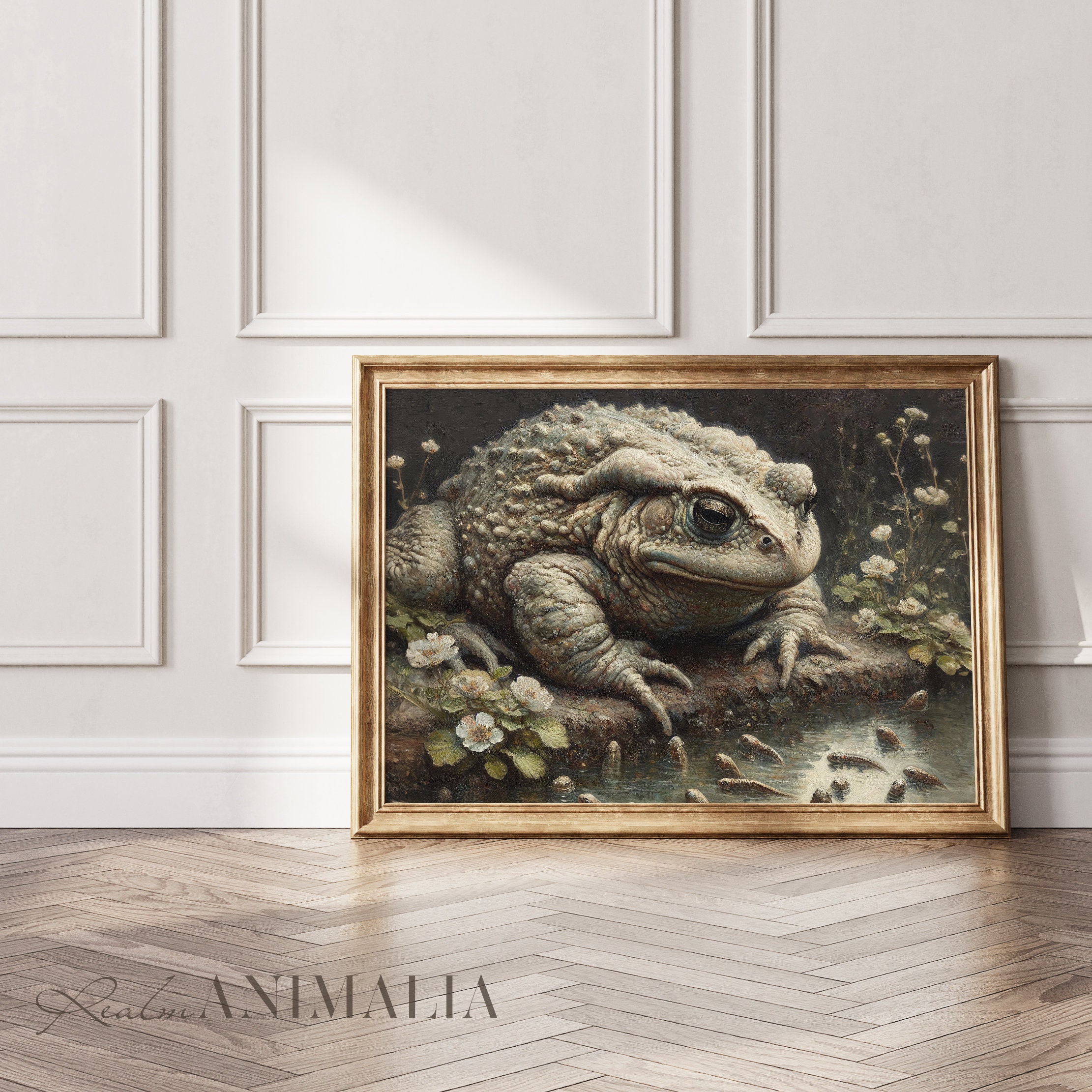 Vintage Toad Painting, Printable Toad With Tadpoles in Nature Scenery ...