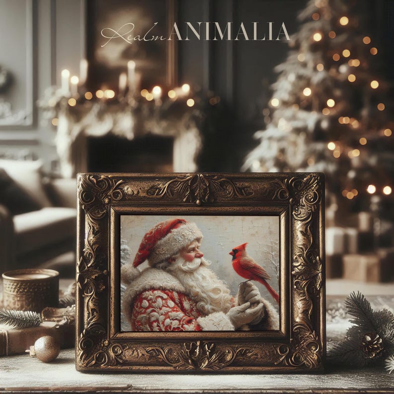 Santa and Cardinal Bird Art Print, Printable Vintage Christmas Wall Art ...