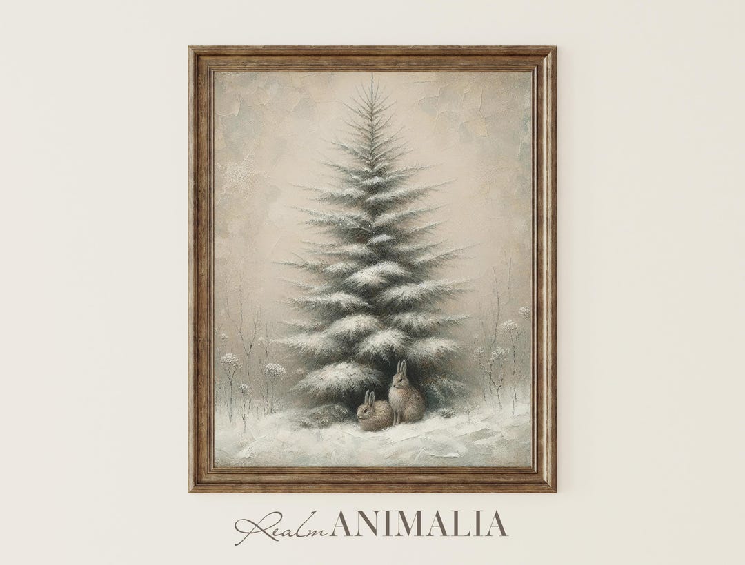 Winter Wildlife Art Print: Snowy Pine Tree, Rabbits (digital Download ...