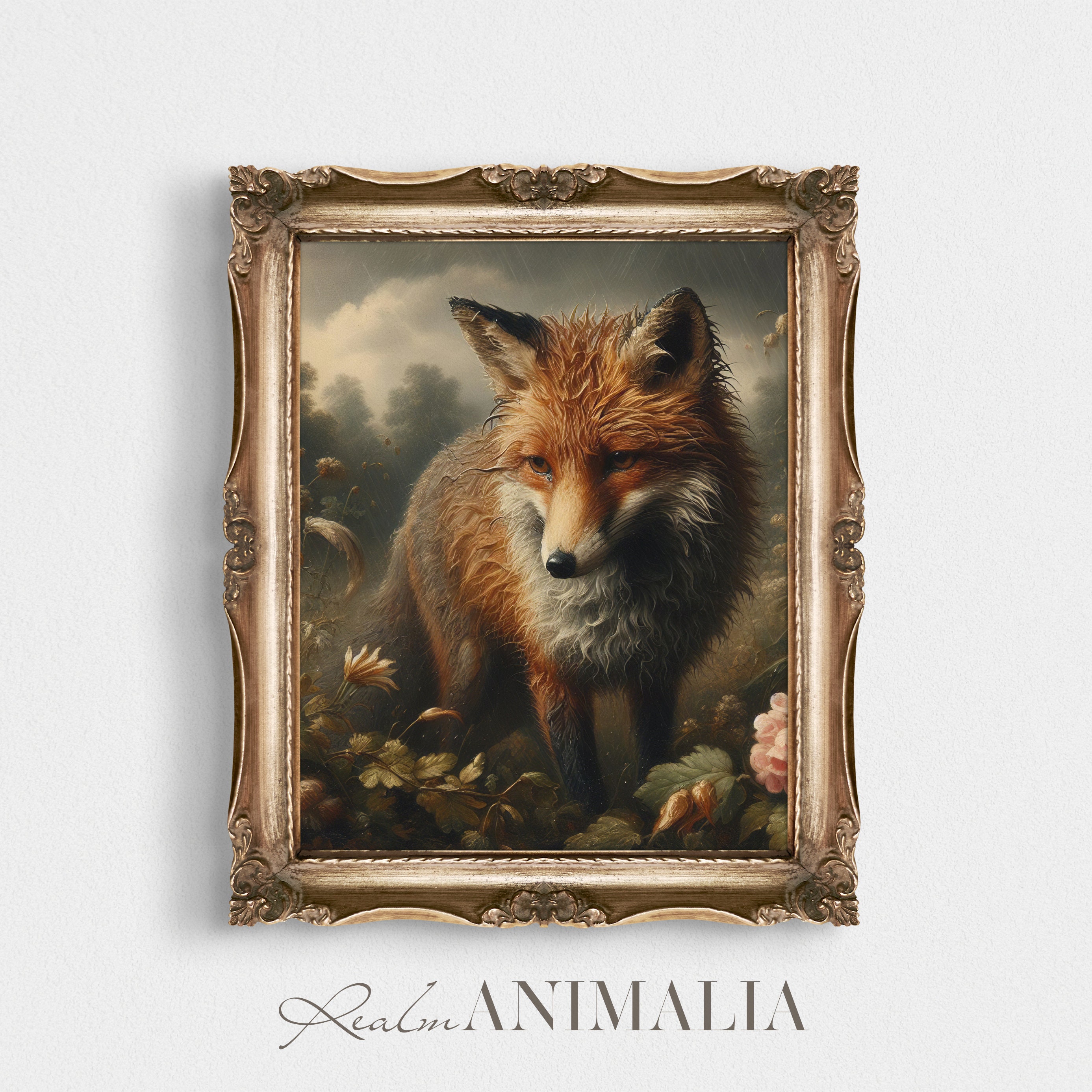 Vintage Fox in Rain Art Print PRINTABLE Moody Cottagecore Fox Painting ...
