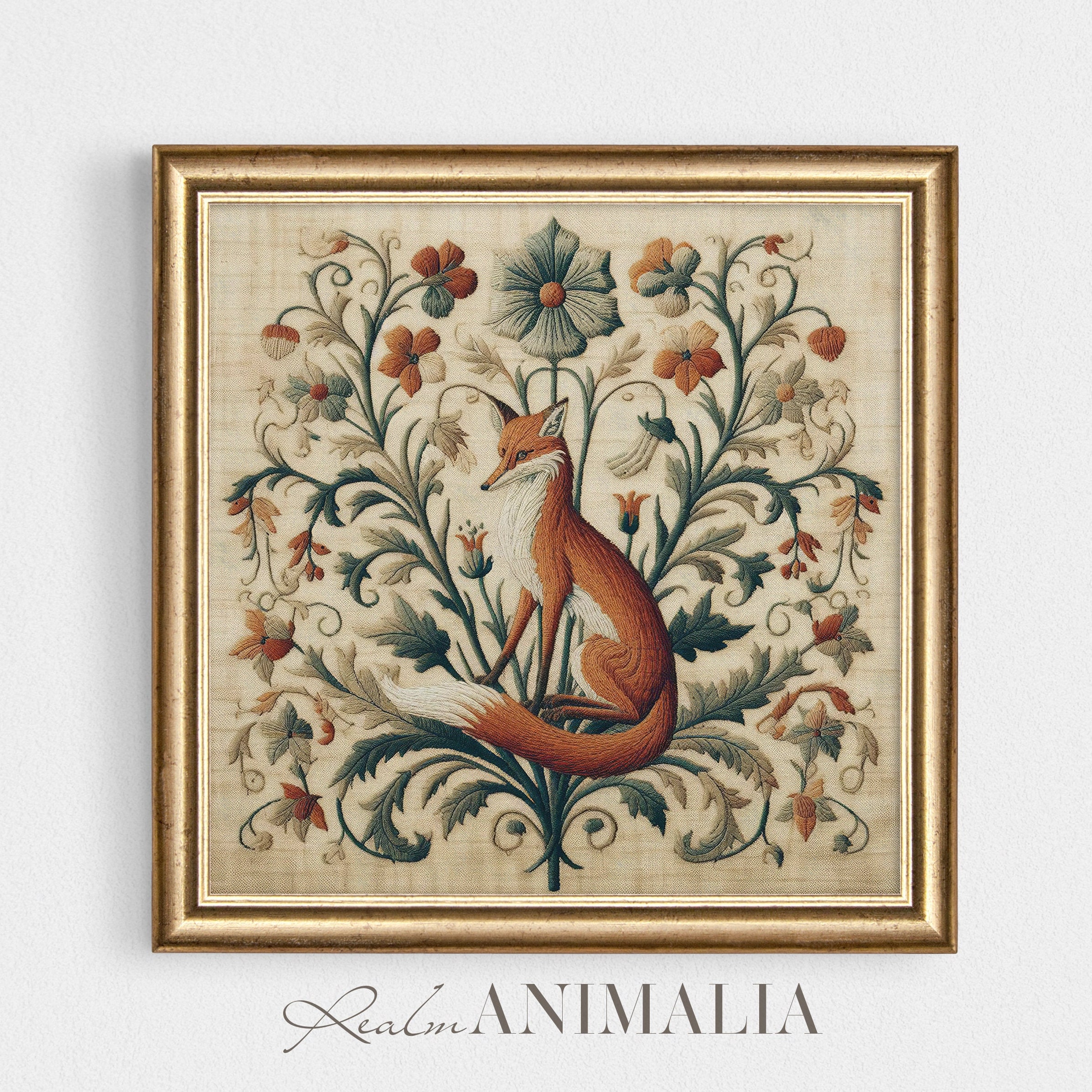 Botanical Fox Vintage Embroidery Print Floral Fox PRINTABLE Square ...