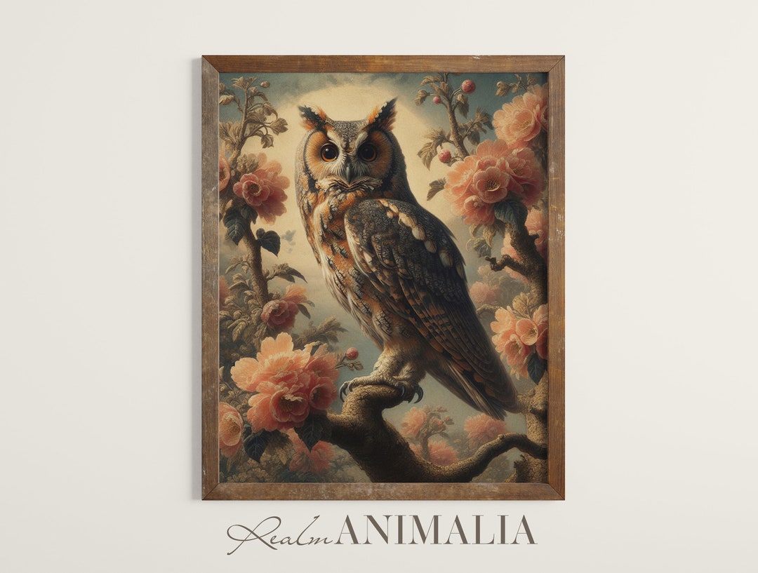 Vintage Owl Print, Antique Bird Printable Wall Art, Rustic Nature Scene ...