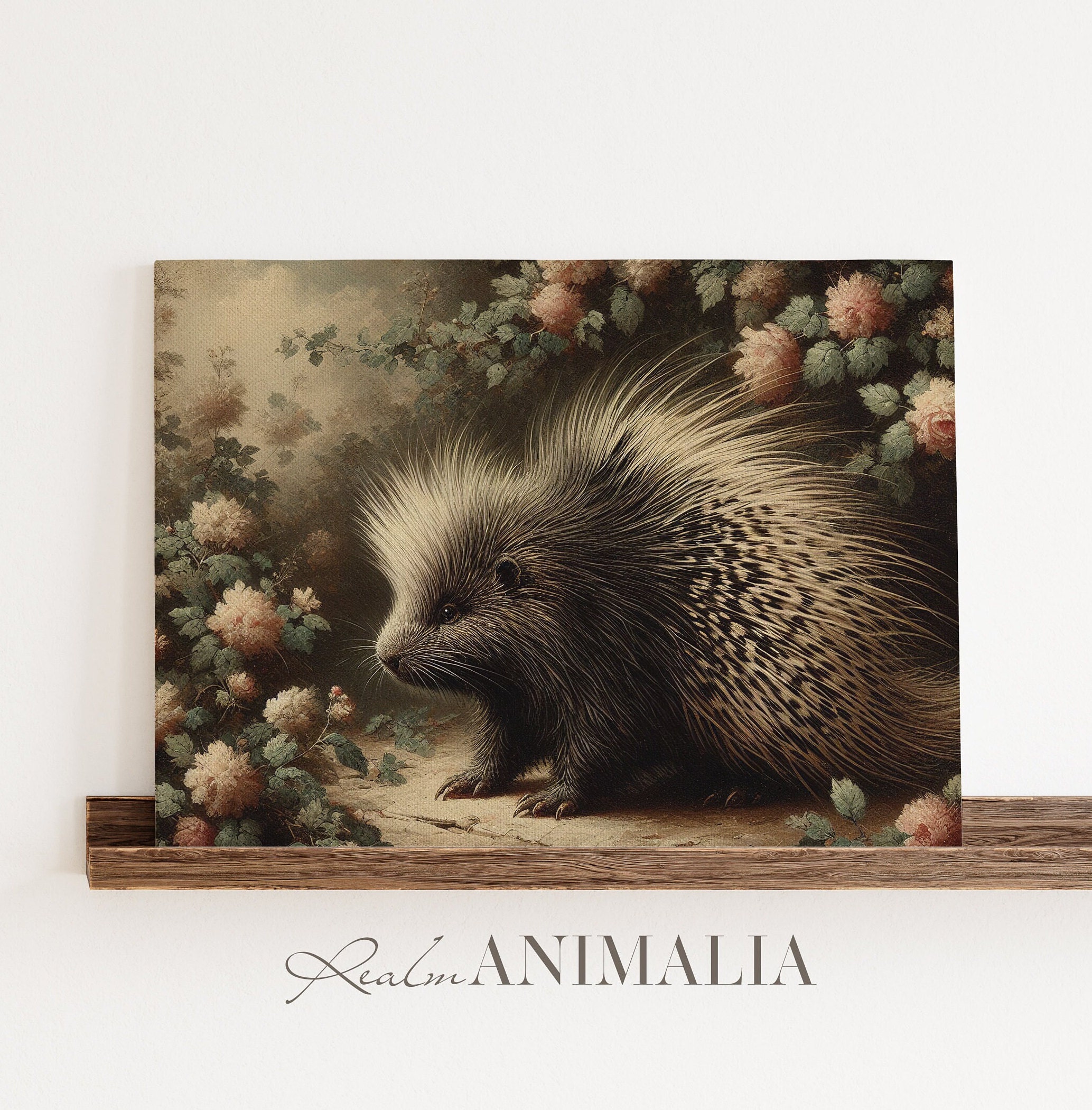 Vintage Porcupine Painting Printable Floral Forest Animal Fine Art ...
