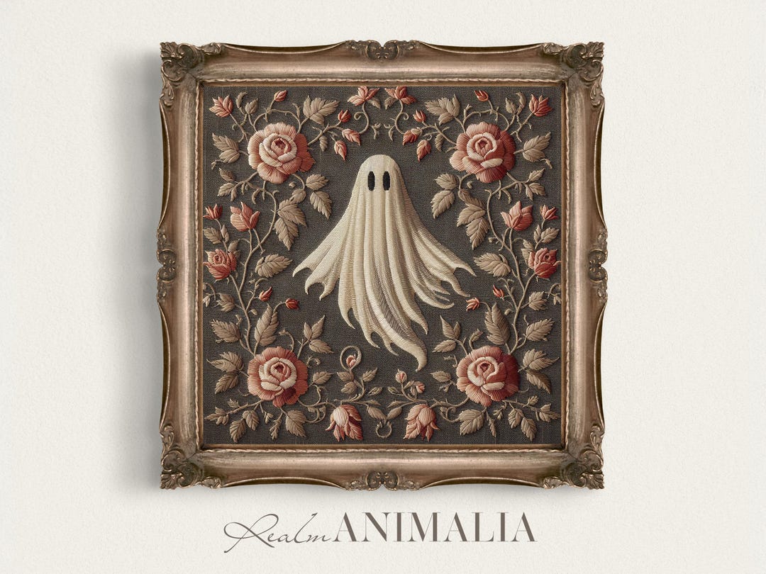 Floral Ghost Tapestry Art Print, Printable Square Textile Embroidery ...