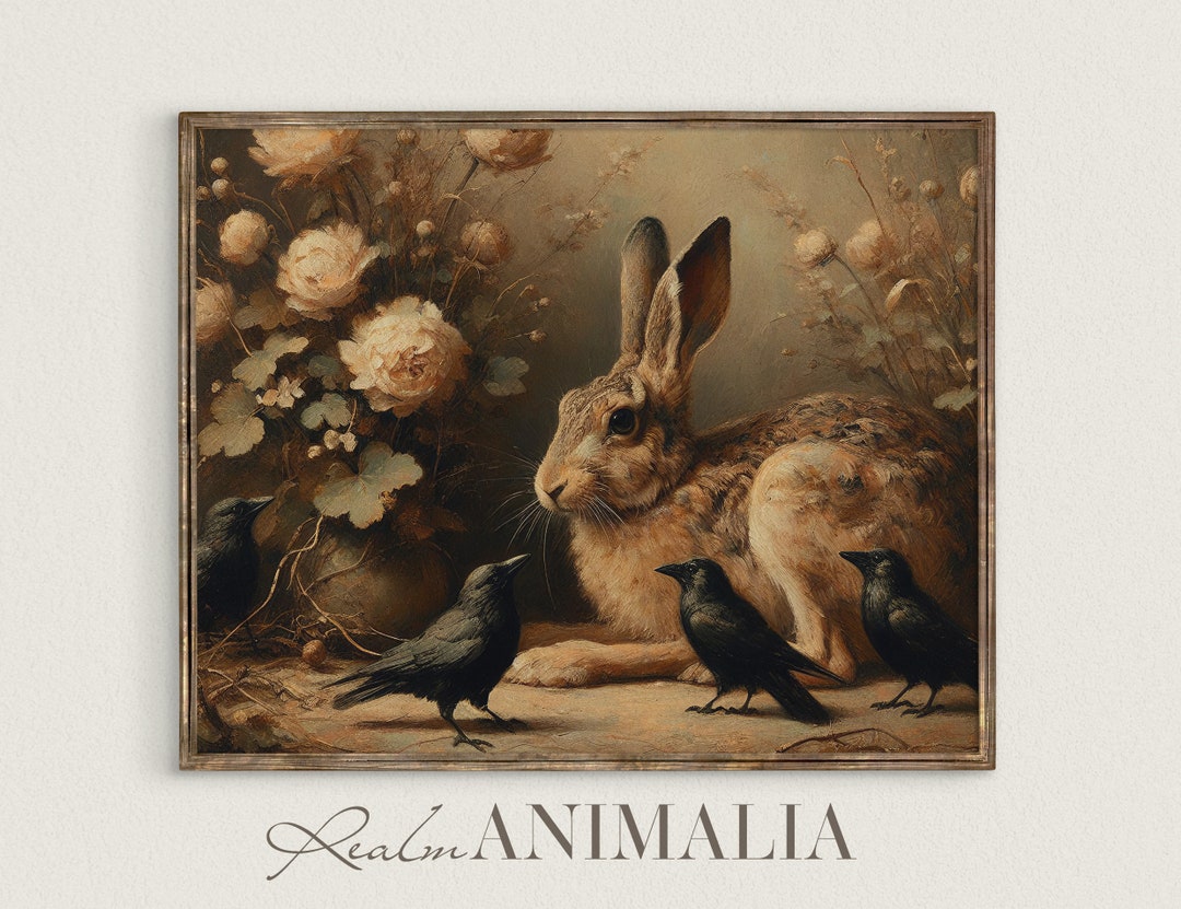 Rabbit and Crows Art Print, Hare With Birds Printable Vintage Wall Art ...