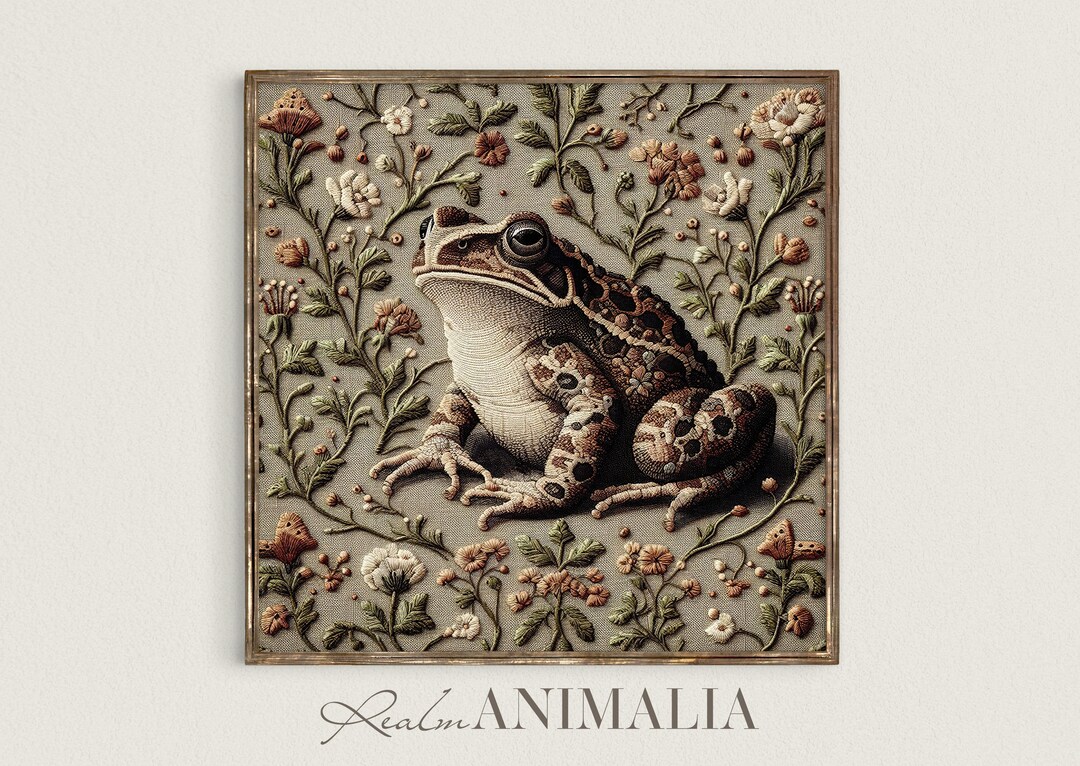 Vintage Toad Embroidery Print, PRINTABLE Square Floral Wall Tapestry ...