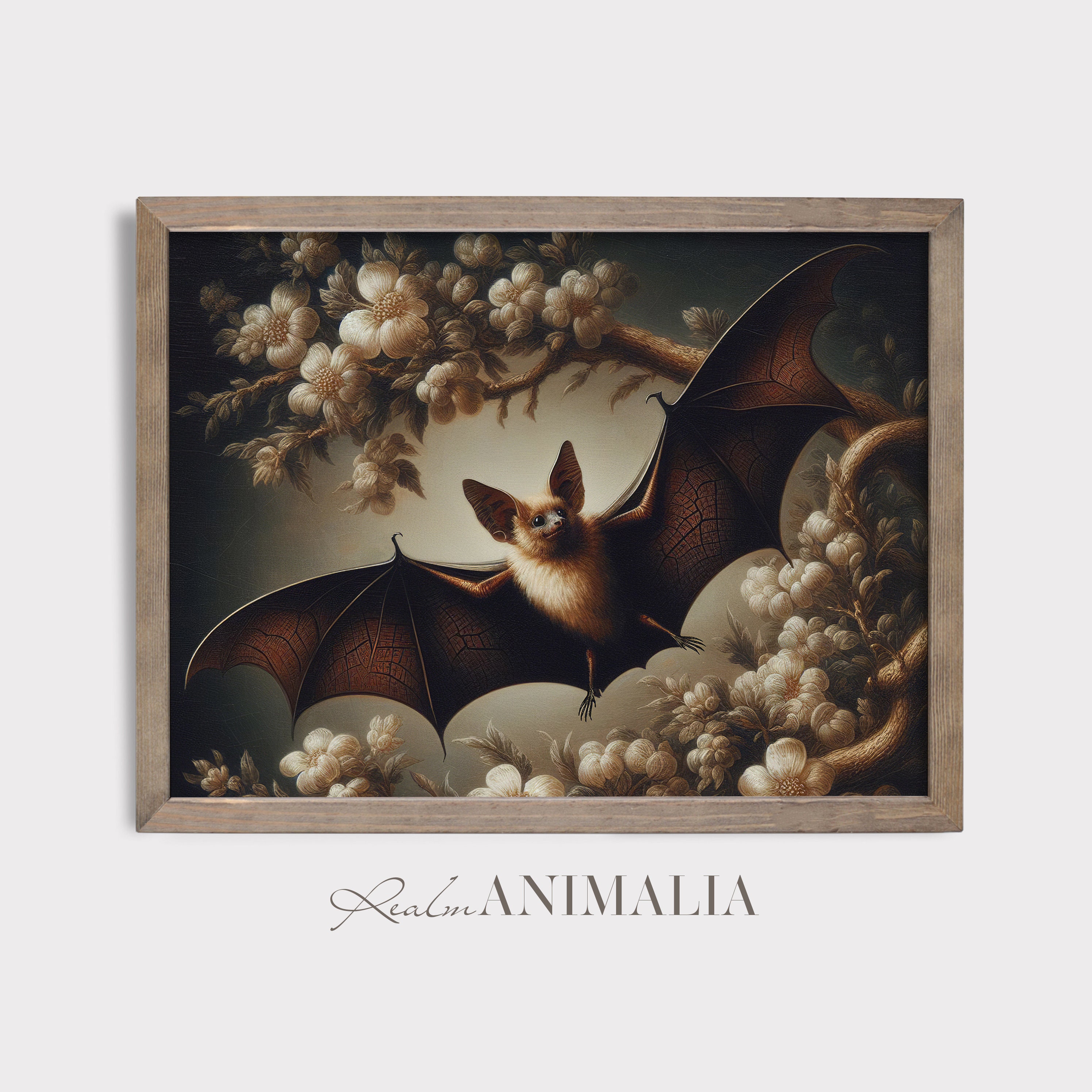 Flying Bat Art Print, Printable Vintage Floral Botanical Bat Painting ...