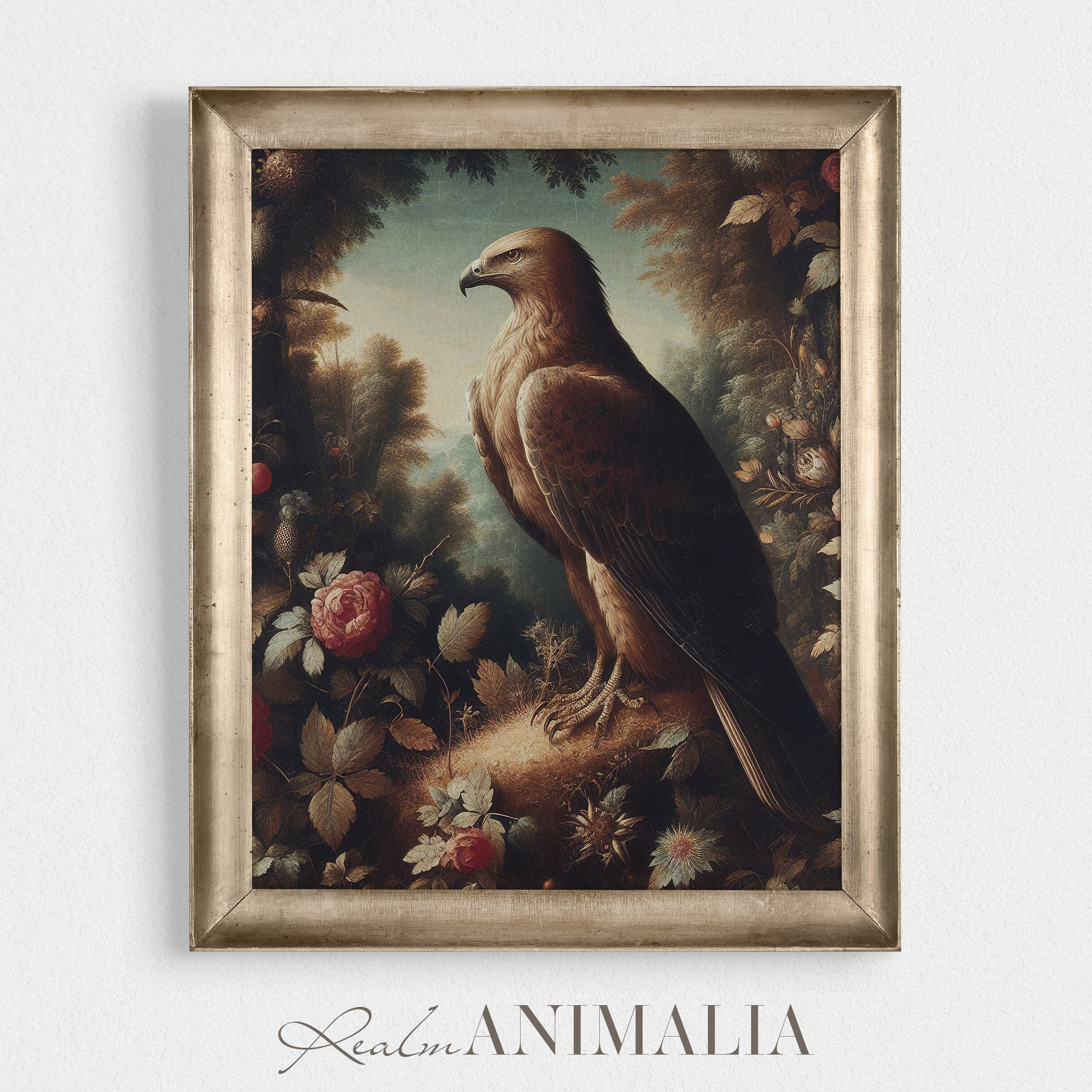 Antique Hawk Painting PRINTABLE Hawk Bird Vintage Wall Art Moody Floral ...