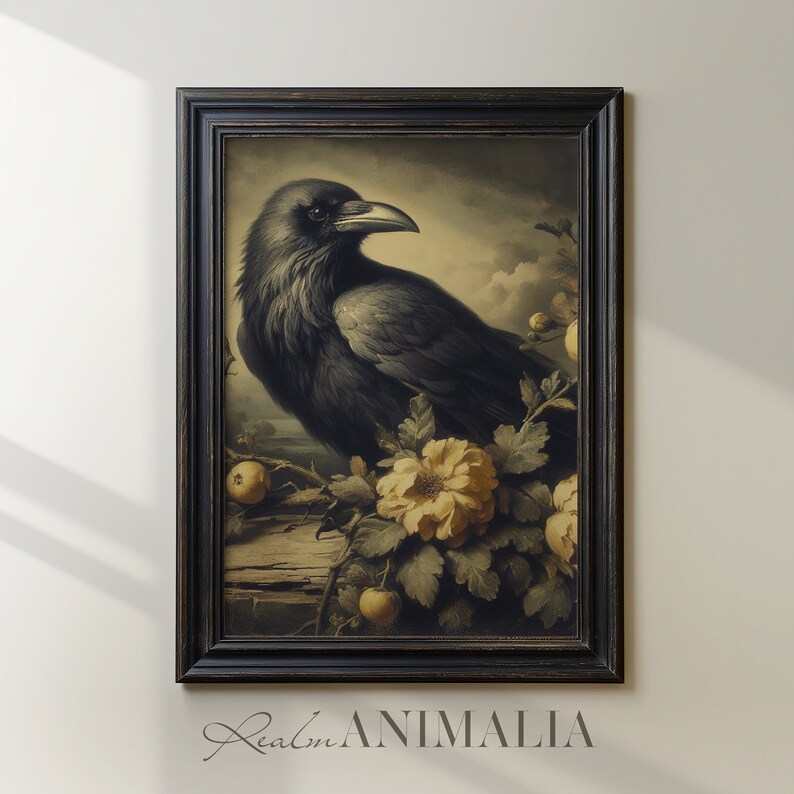 Vintage Raven Printable Painting Moody Neutral Antique Raven Bird and ...