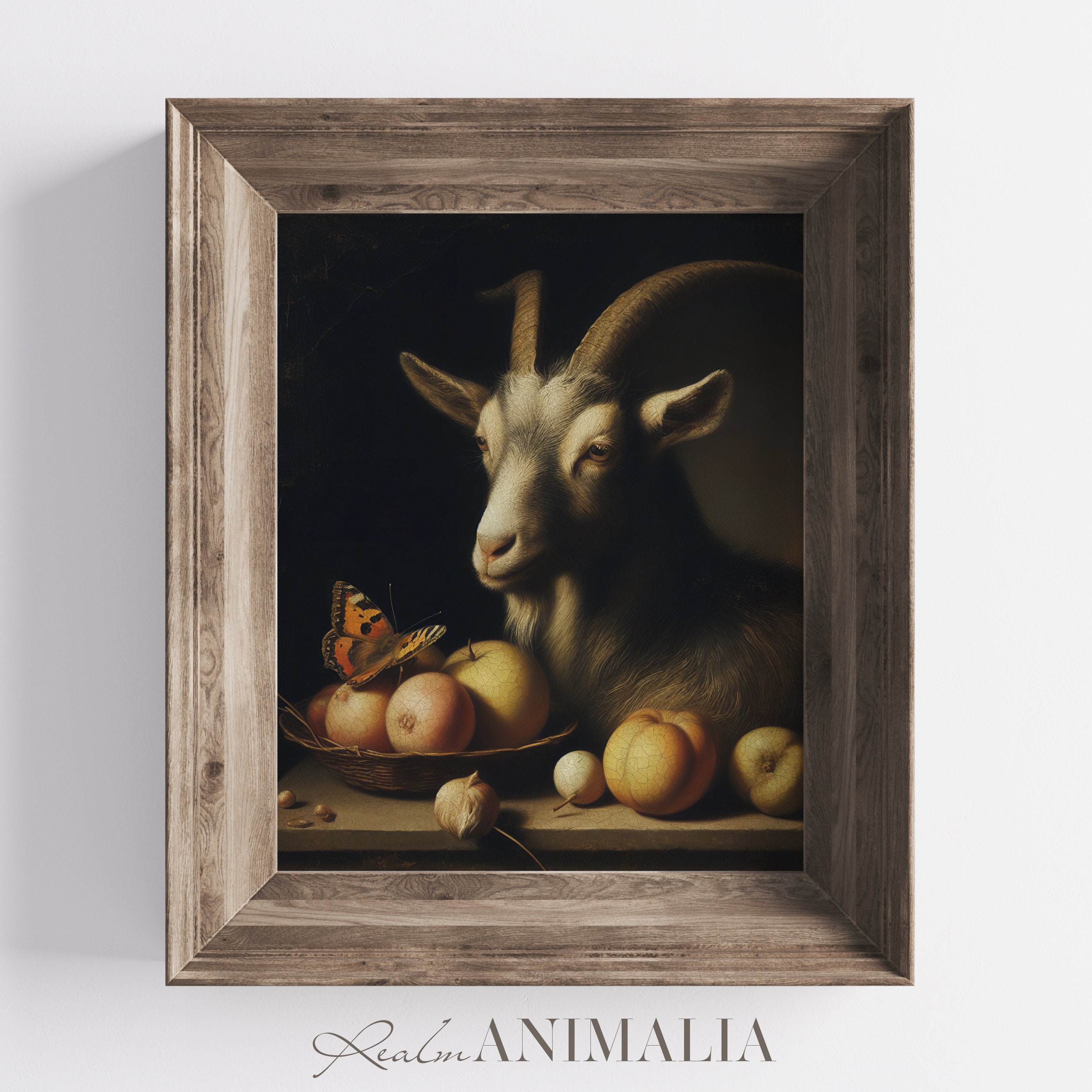 Goat Still Life Antique Painting Dark Moody Goat With Butterfly and ...