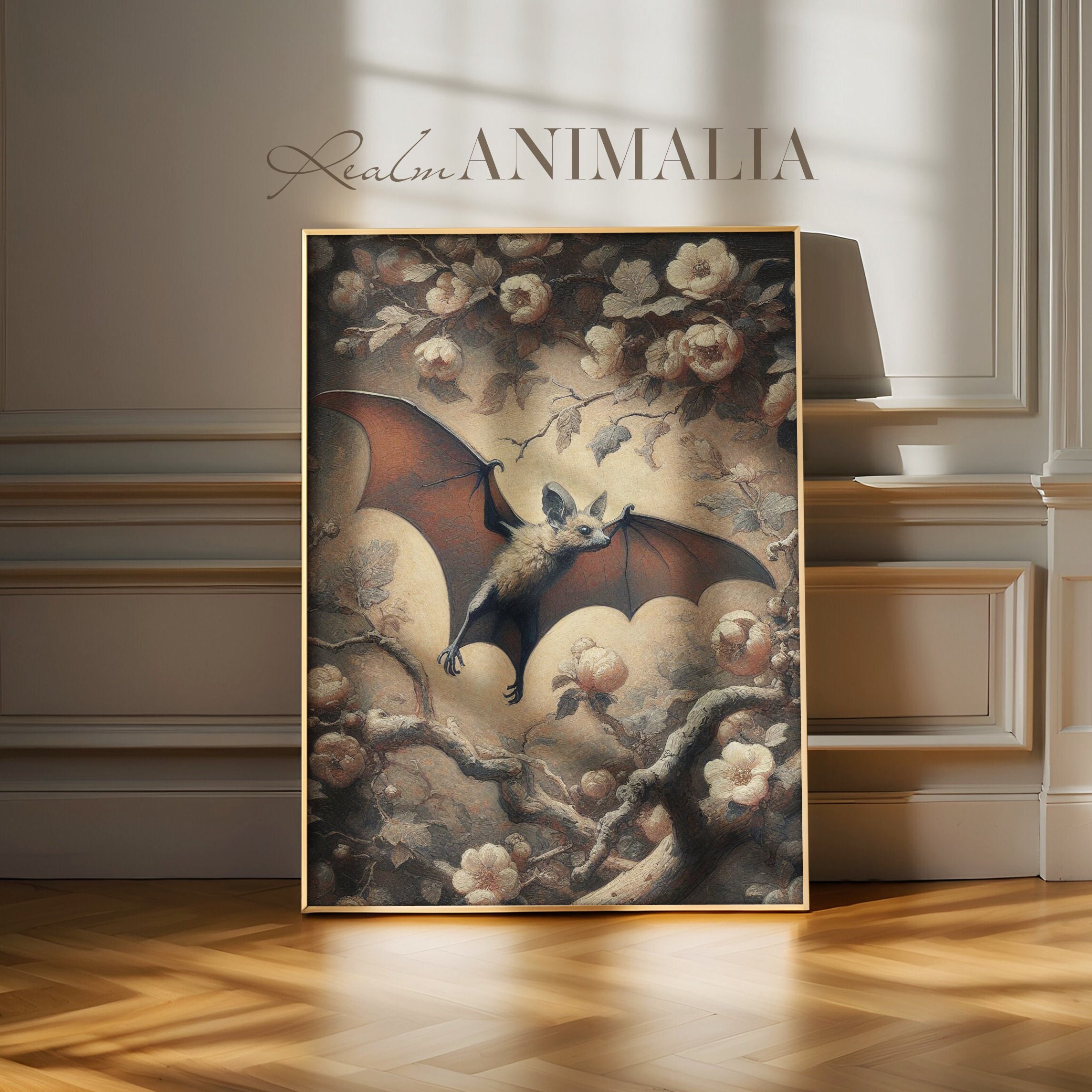 Flying Bat Printable Painting Vintage Neutral Floral Botanical Bat Art ...