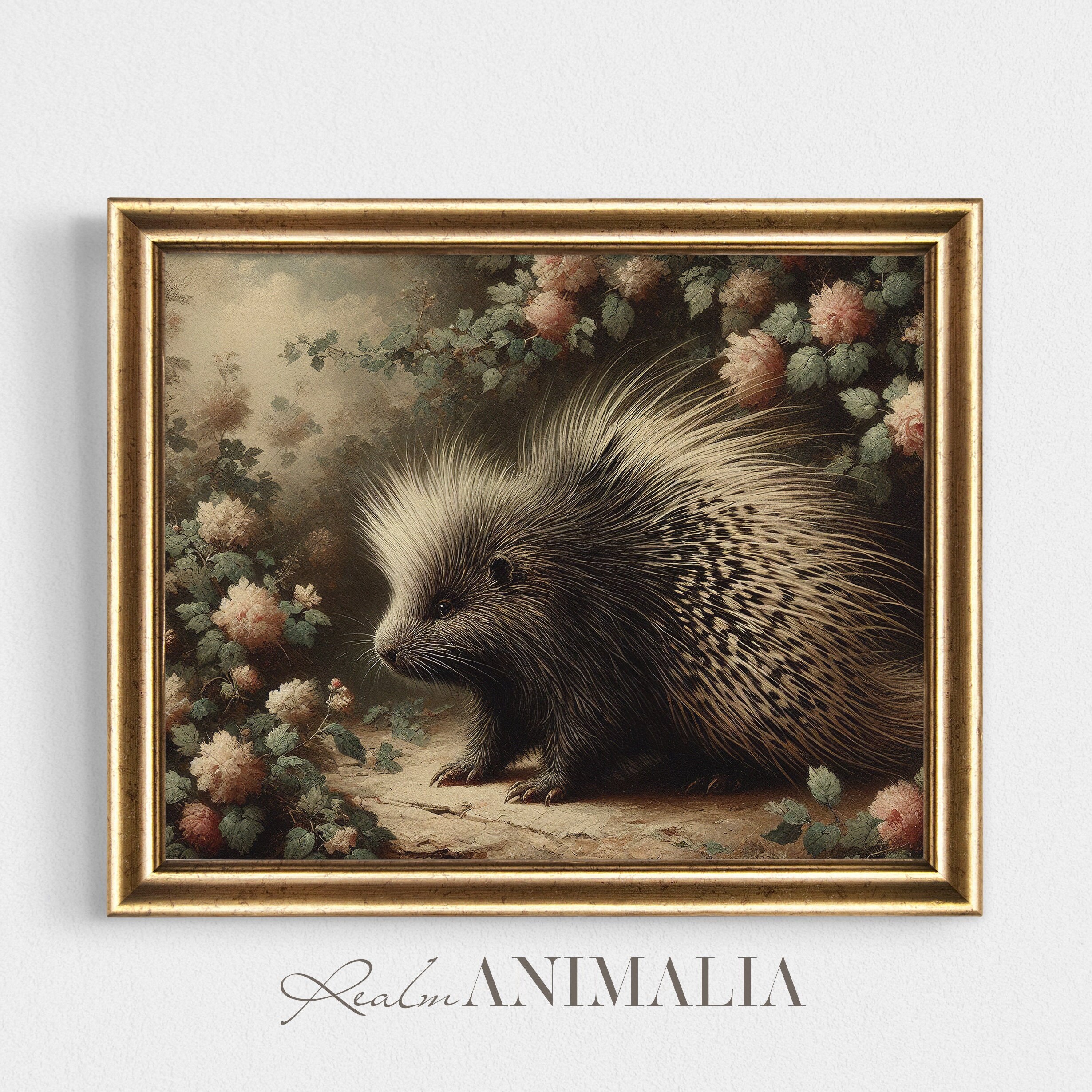 Vintage Porcupine Painting Printable Floral Forest Animal Fine Art ...