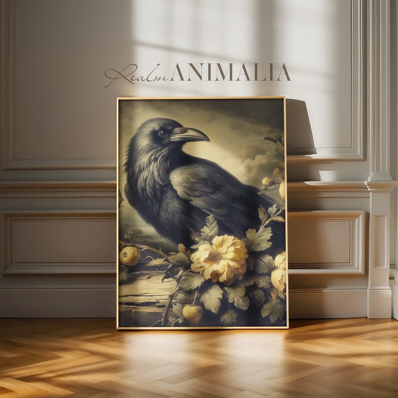Vintage Raven Printable Painting Moody Neutral Antique Raven Bird and ...