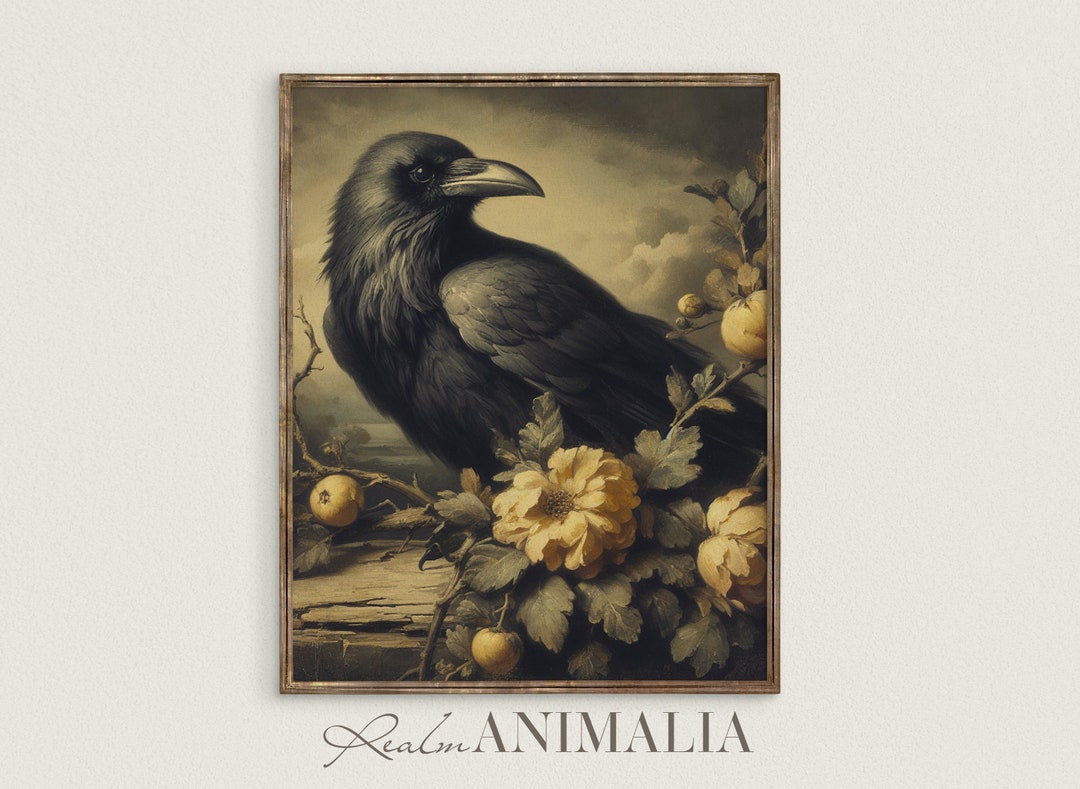 Vintage Raven Printable Painting | Moody Neutral Antique Raven Bird and ...