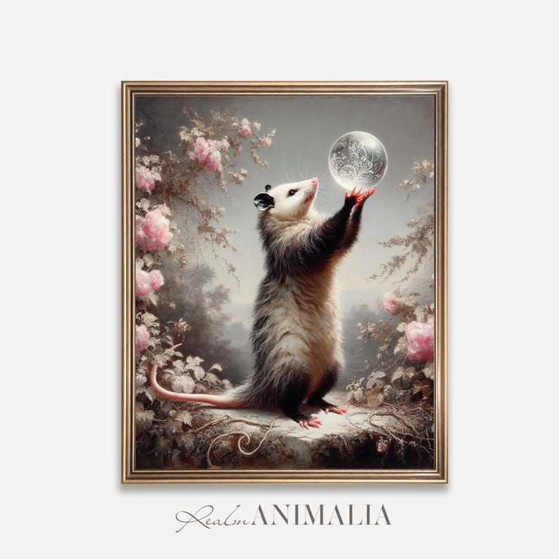 Whimsical Opossum Art Print, Floral Animal Portrait, Vintage Style Wall ...