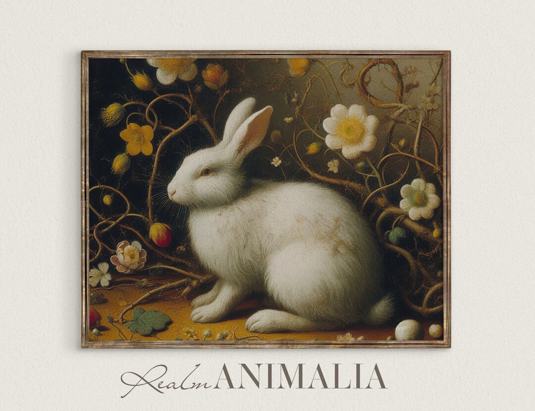 Antique White Rabbit Oil Painting Botanical Summer Rabbit PRINTABLE ...