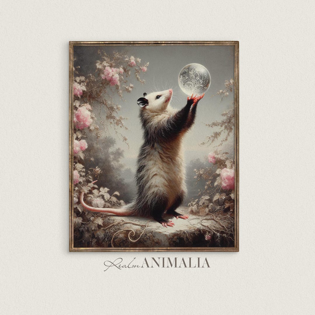 Whimsical Opossum Art Print, Floral Animal Portrait, Vintage Style Wall ...
