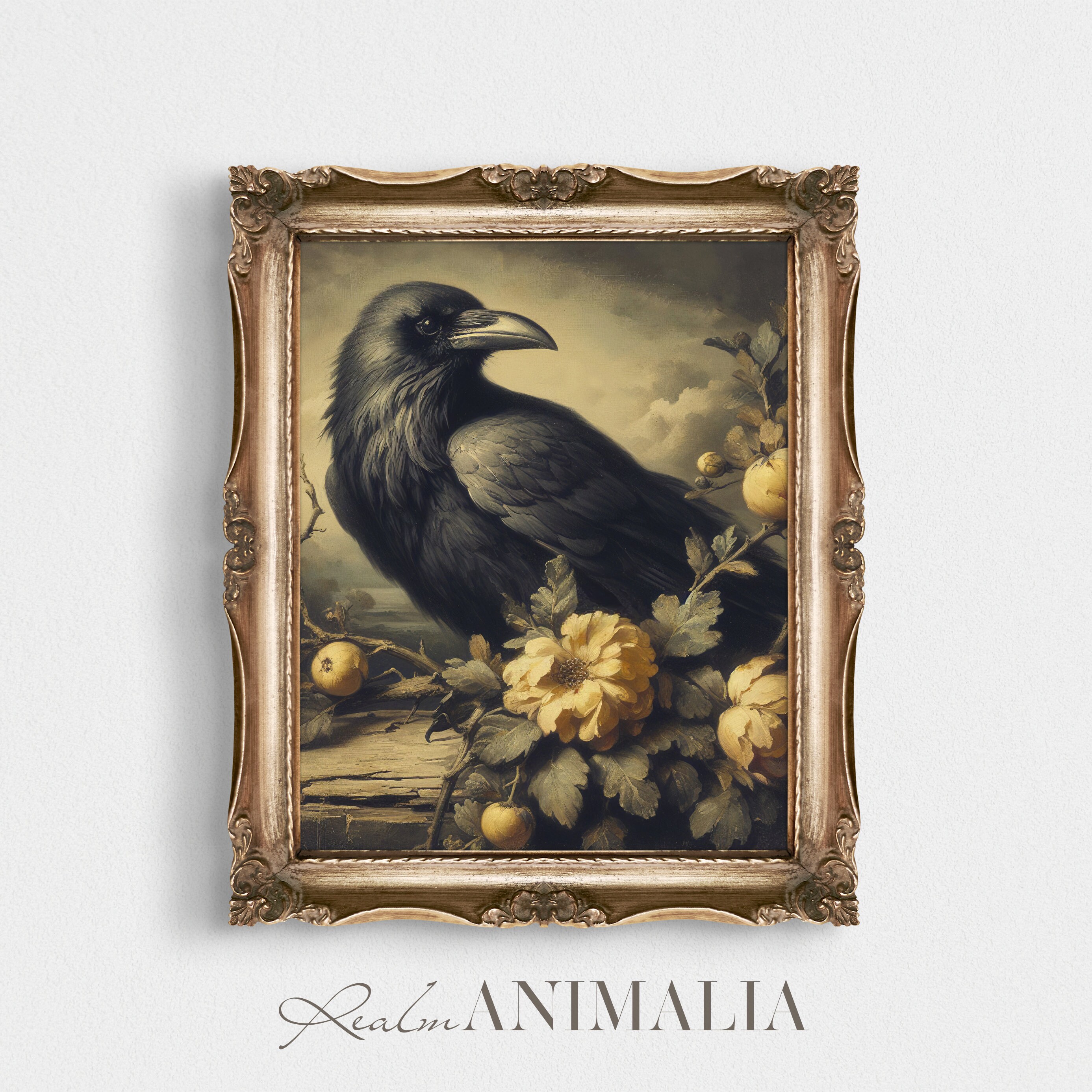 Vintage Raven Printable Painting Moody Neutral Antique Raven Bird and ...