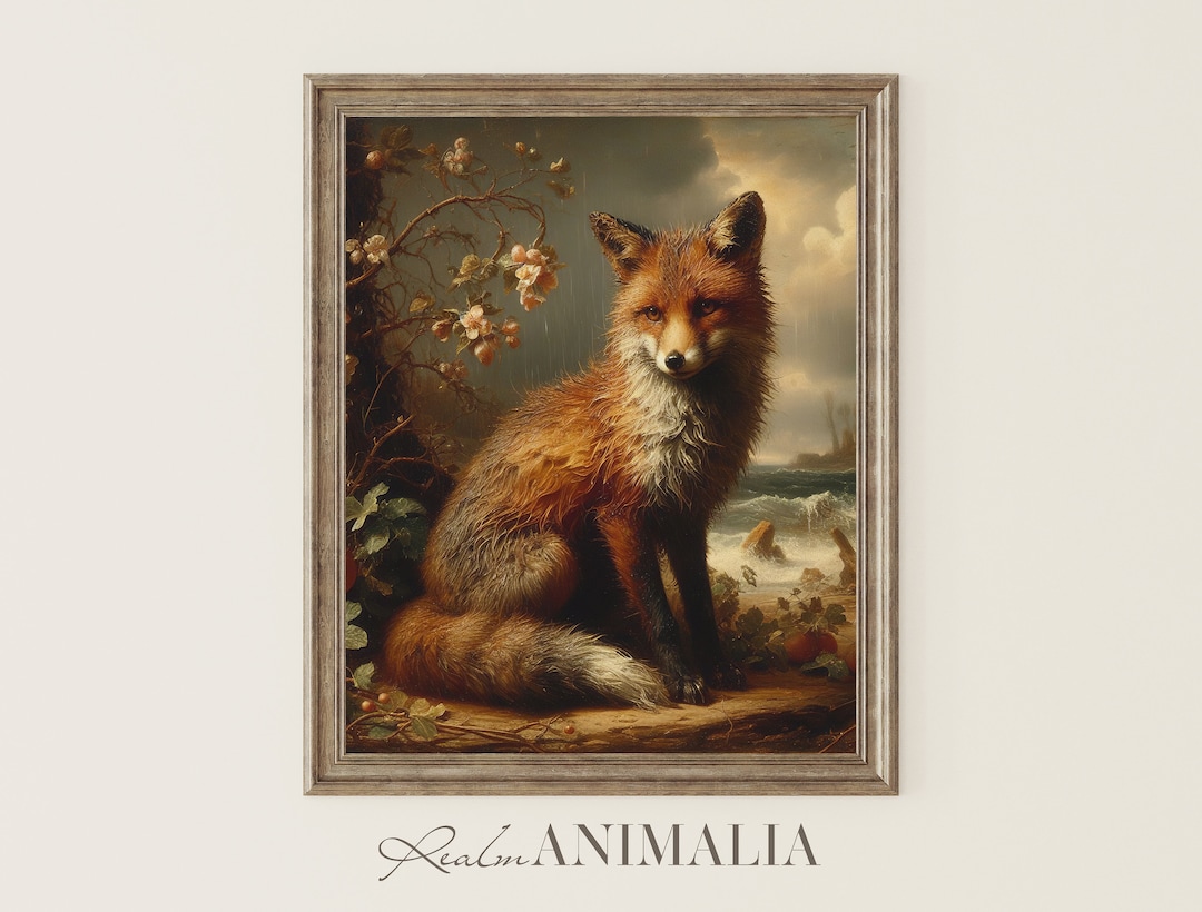 Vintage Fox Painting | Printable Moody Red Fox in Nature Scenery Fine ...