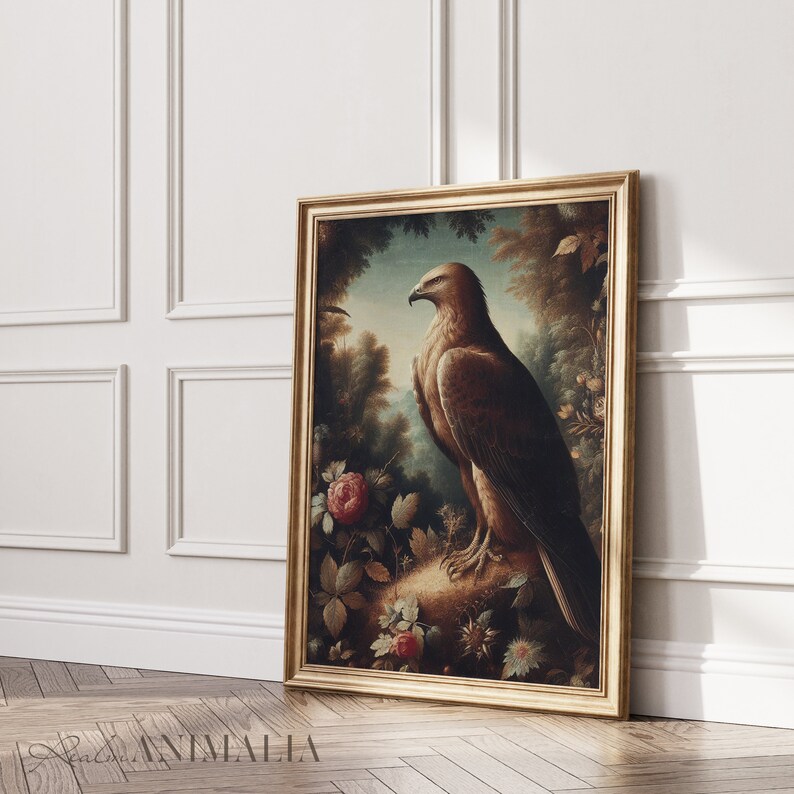 Antique Hawk Painting PRINTABLE Hawk Bird Vintage Wall Art Moody Floral ...