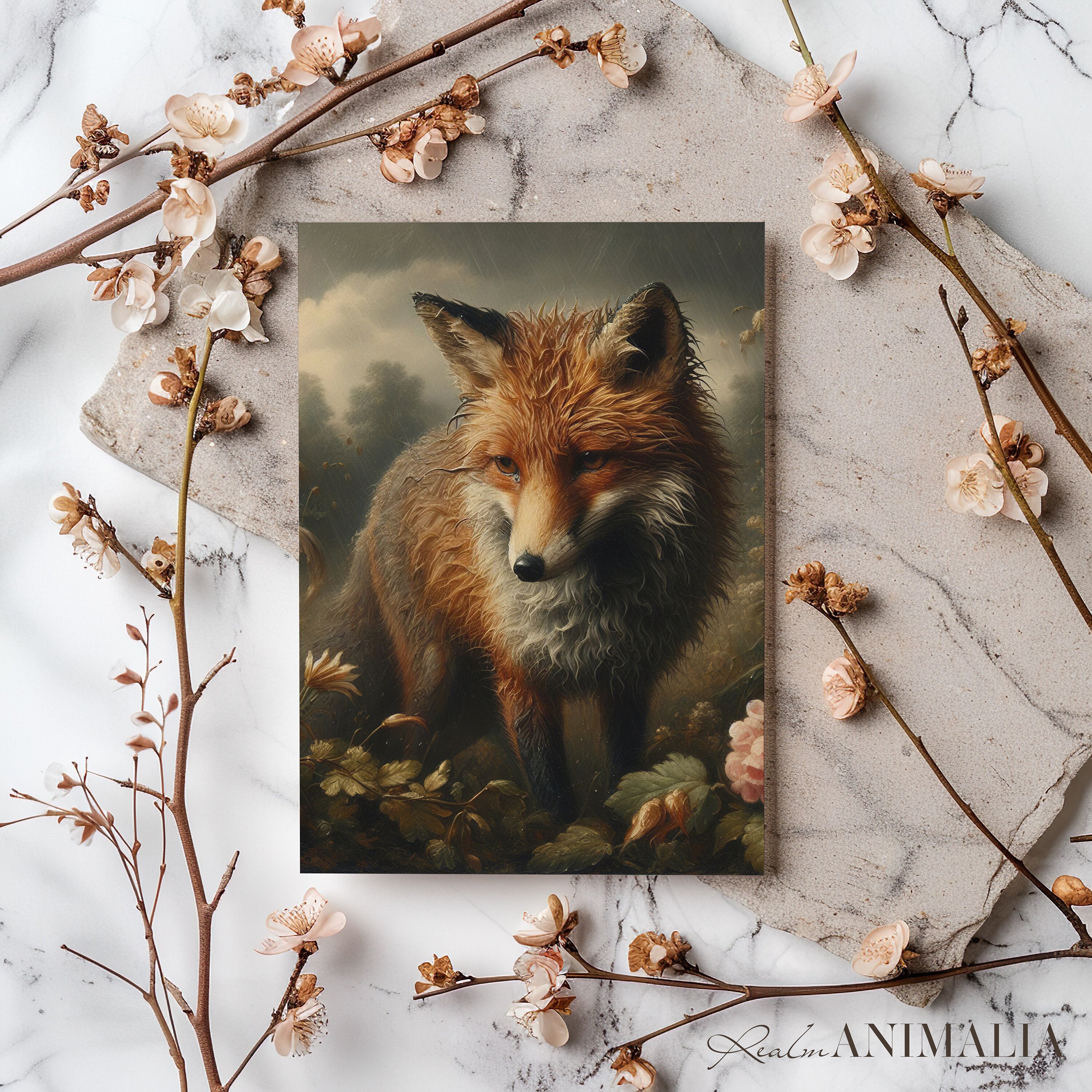 Vintage Fox in Rain Art Print PRINTABLE Moody Cottagecore Fox Painting ...