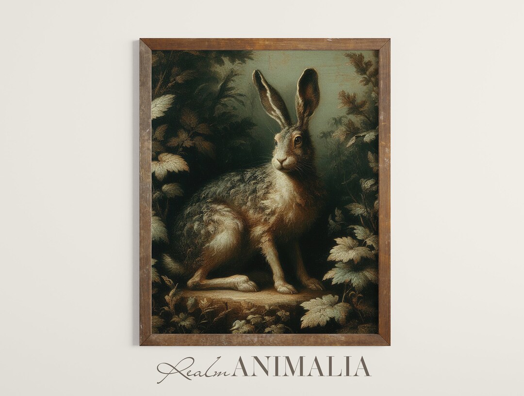 Vintage Rabbit Printable Painting | Moody Antique Hare Art Print ...