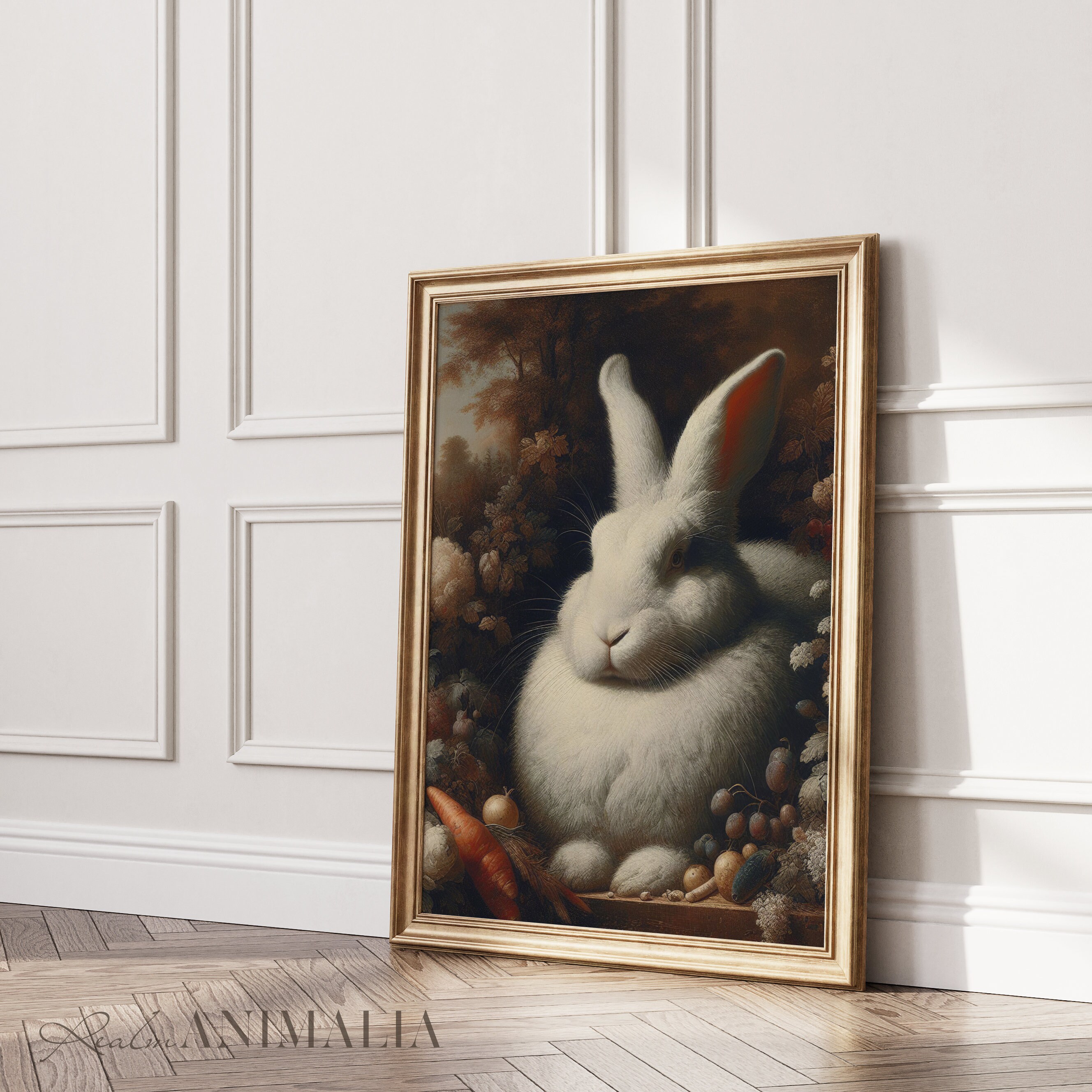 Antique White Rabbit Painting: Vintage Spring Cottage Easter Art ...