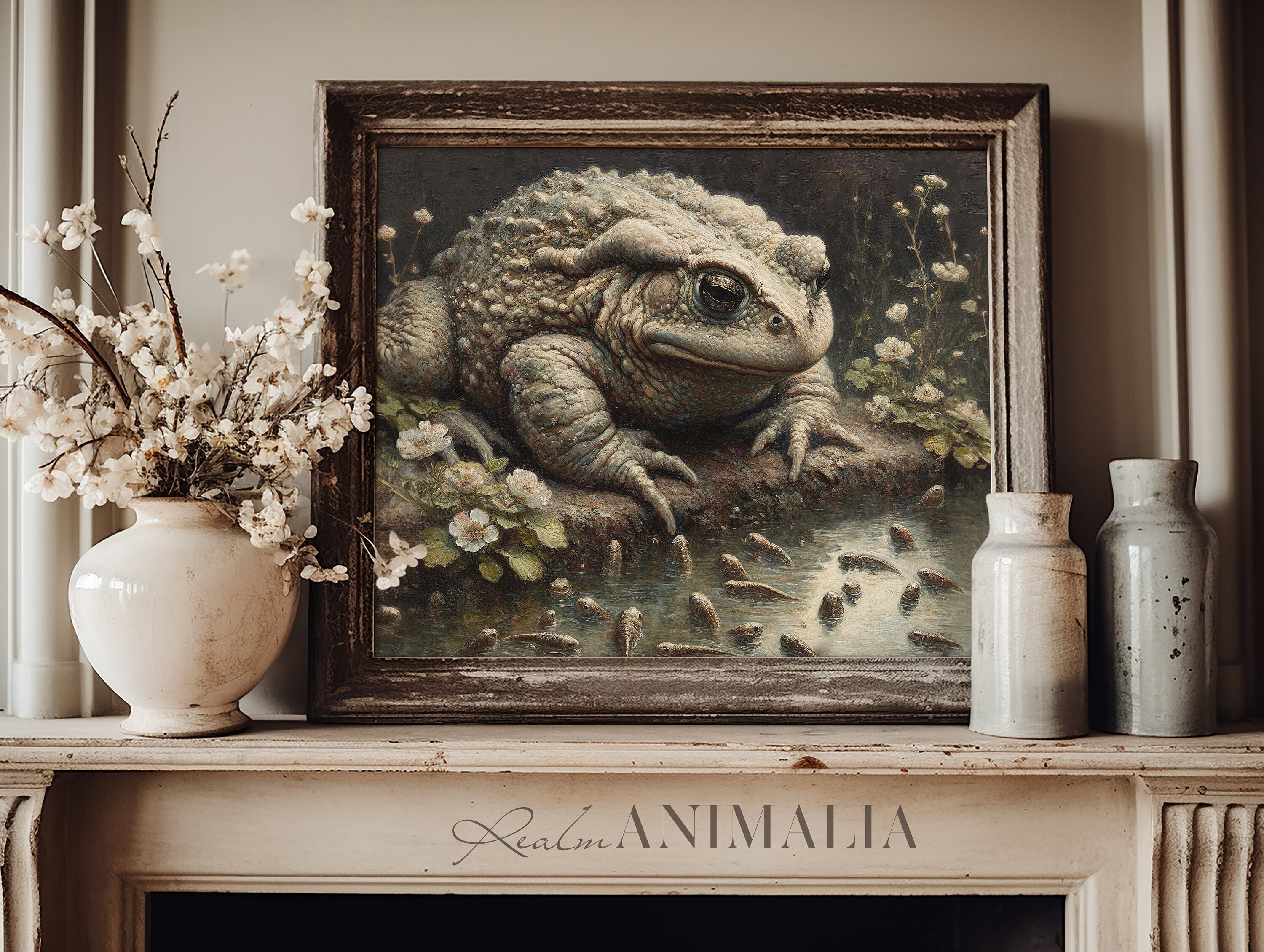 Vintage Toad Painting, Printable Toad With Tadpoles in Nature Scenery ...