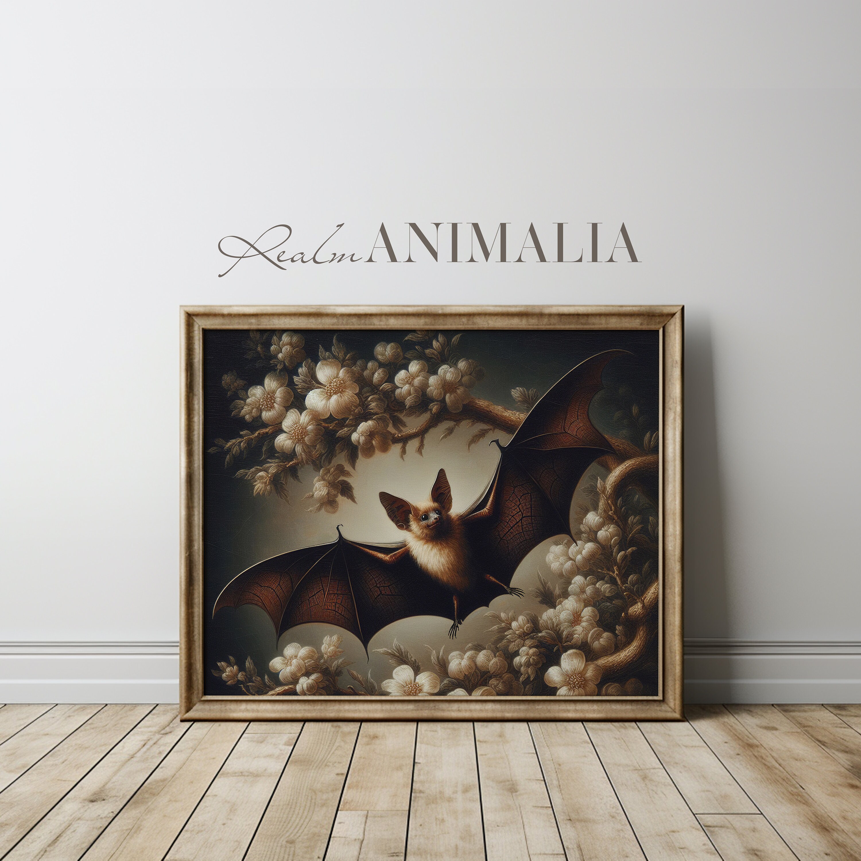 Flying Bat Art Print, Printable Vintage Floral Botanical Bat Painting ...