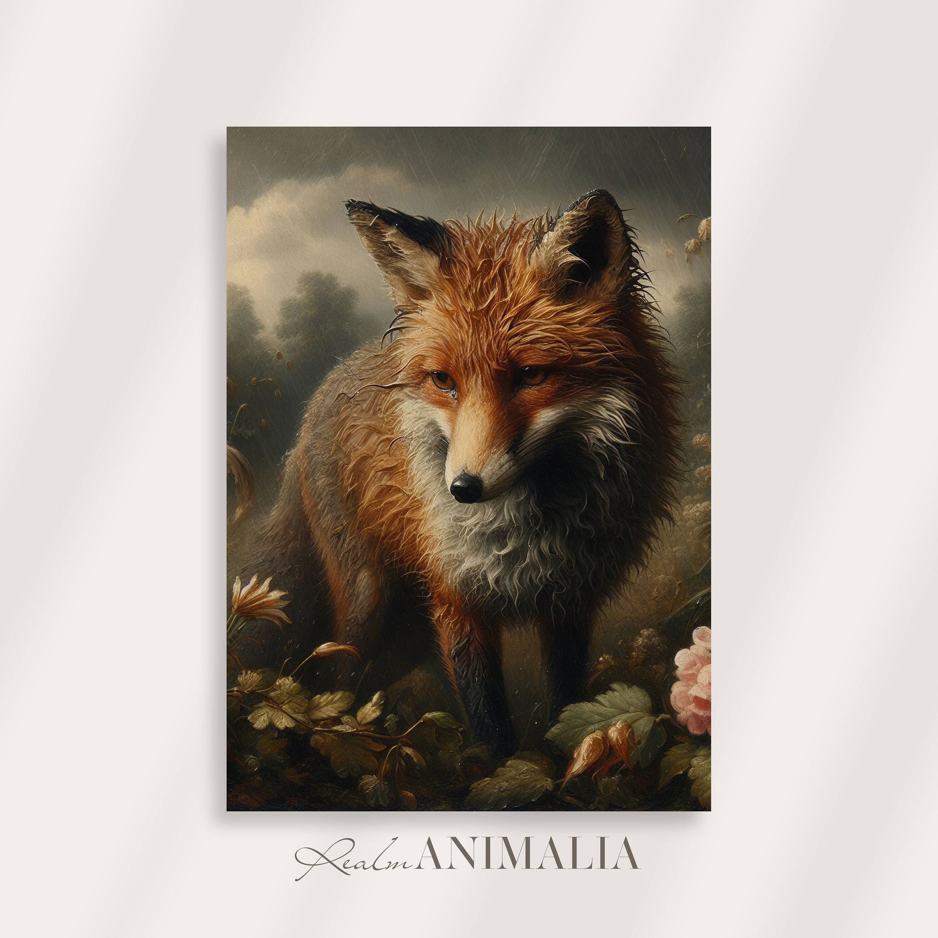 Vintage Fox in Rain Art Print PRINTABLE Moody Cottagecore Fox Painting ...