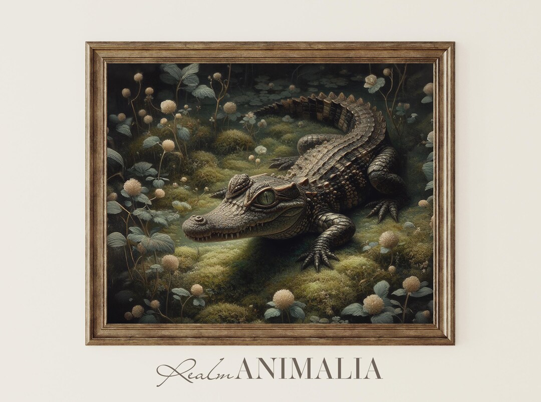 Baby Alligator Art Print, PRINTABLE Moody Reptile Wall Art, Botanical ...