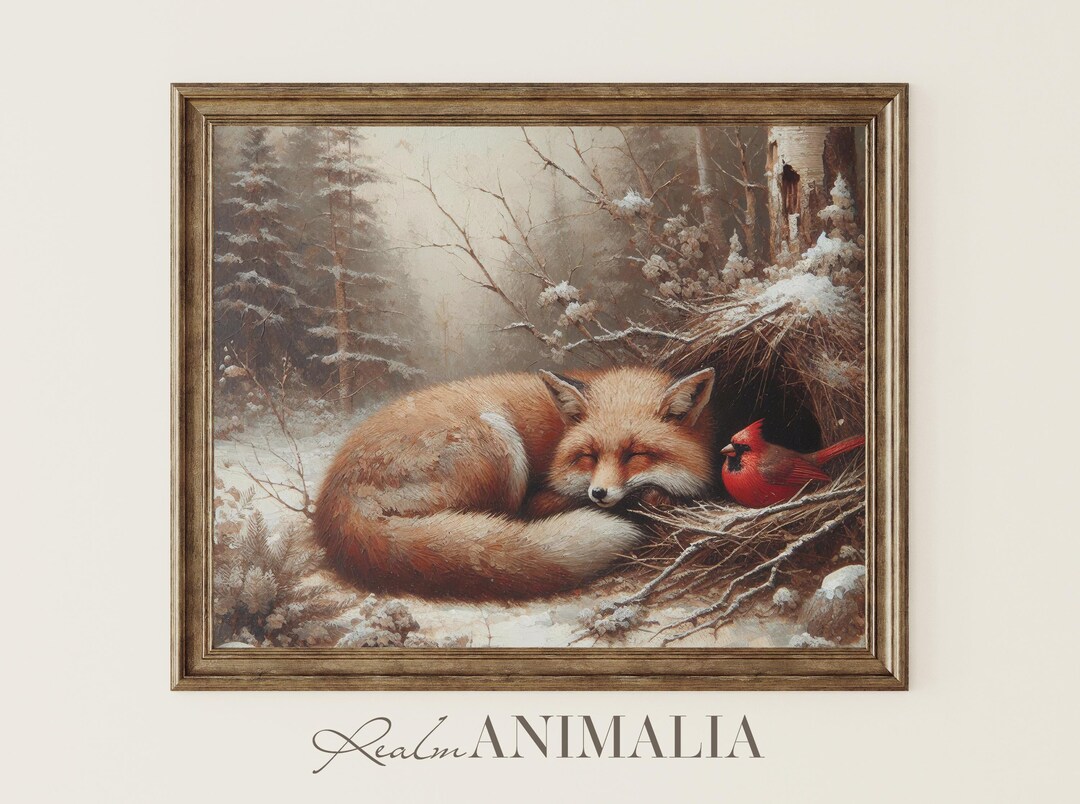 Winter Fox and Cardinal Art Print: Cozy Christmas Decor (digital ...