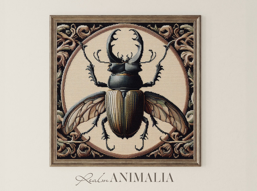 Beetle Needlepoint Tapestry Art Print Printable Square Vintage Textile ...