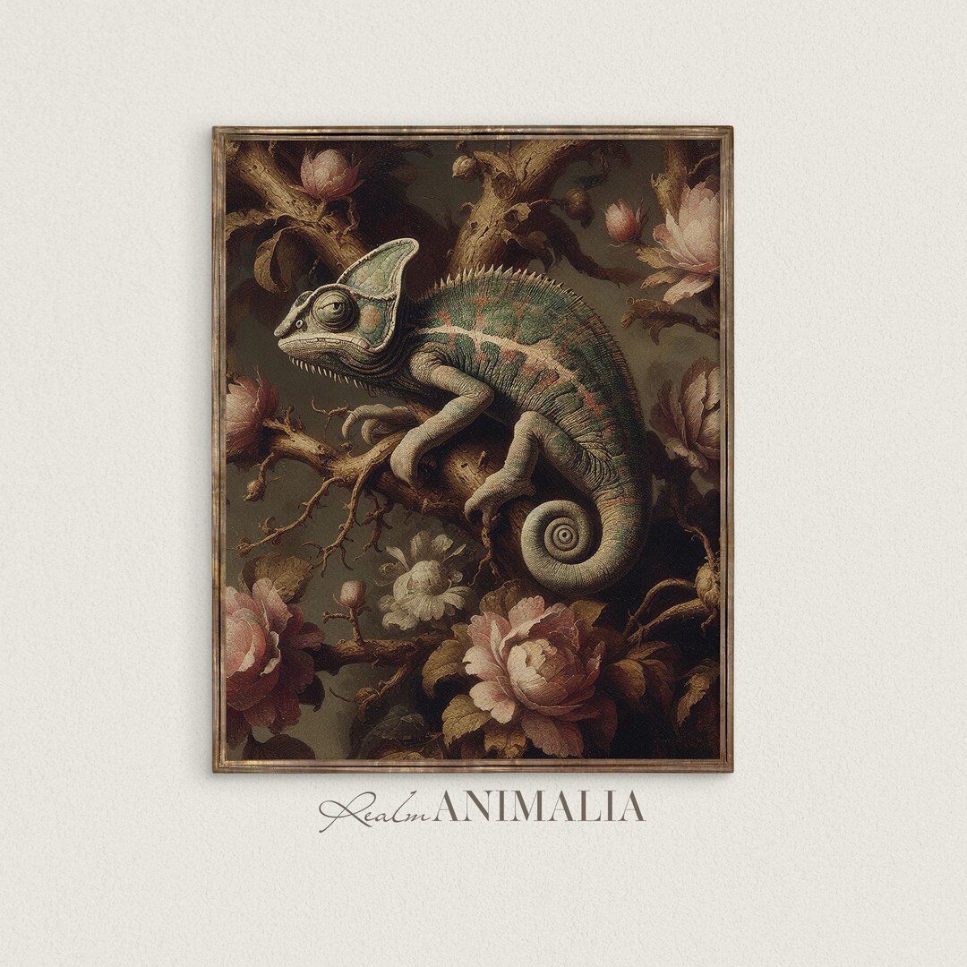 Vintage Chameleon Print, Moody Floral Decor, Nature Wildlife Art ...