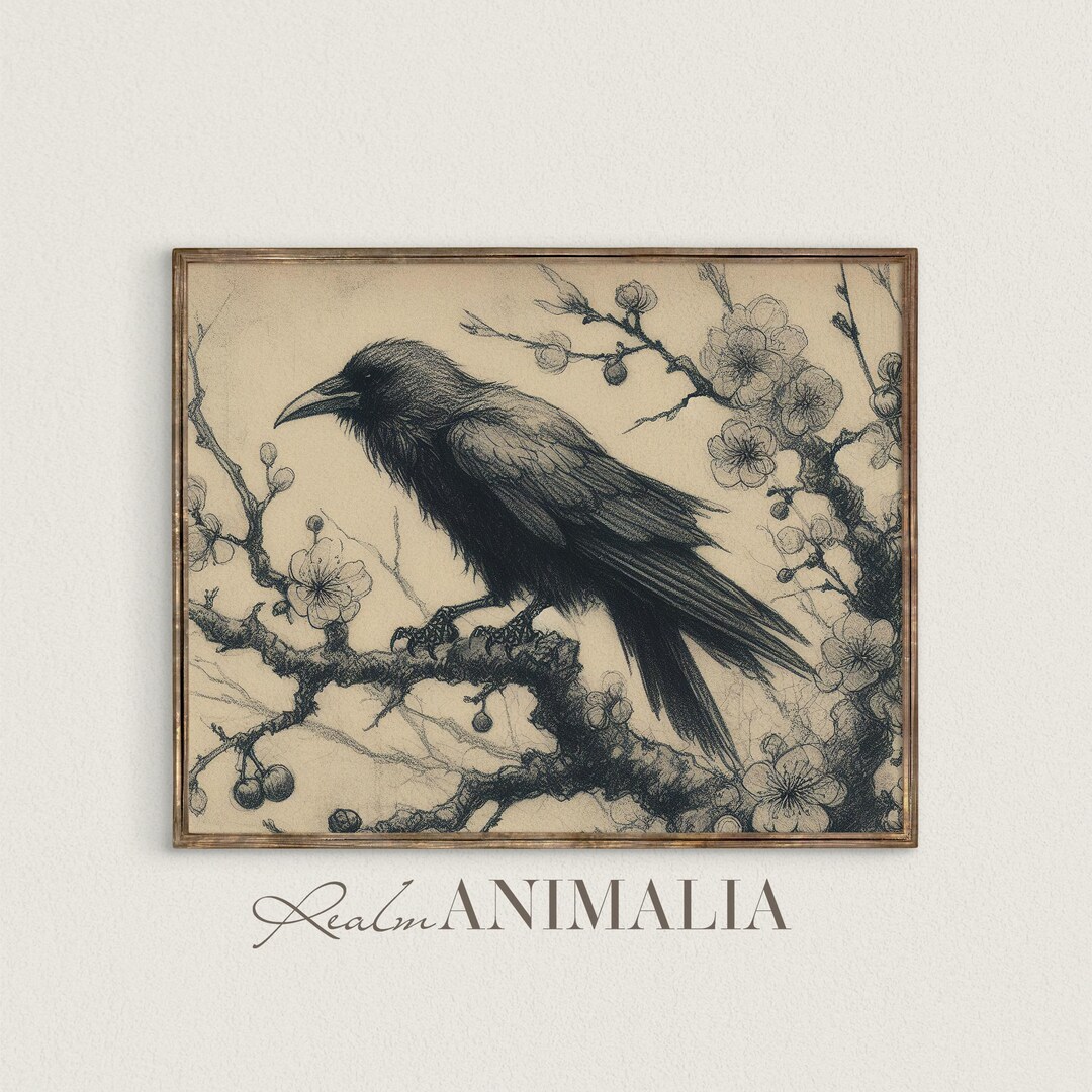 Raven Sketch Art Print: Rustic Bird Drawing Wall Decor (printable ...