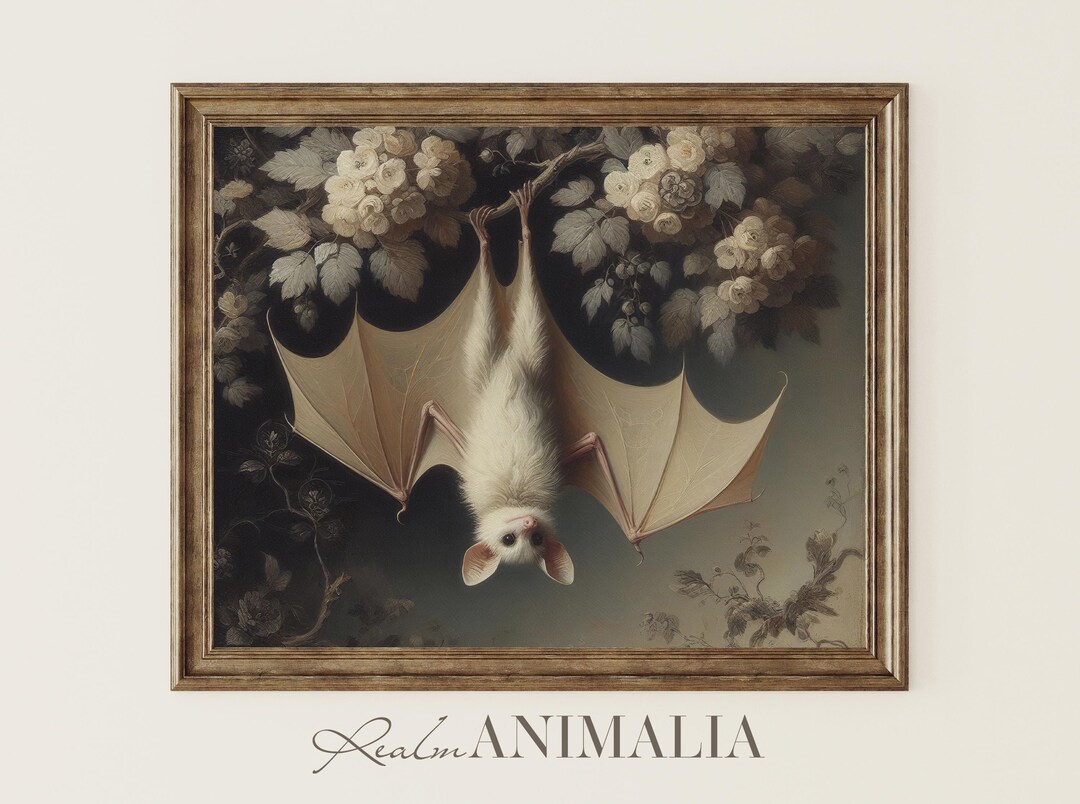 Hanging White Bat Art Print, Neutral Floral Botanical Bat Printable ...