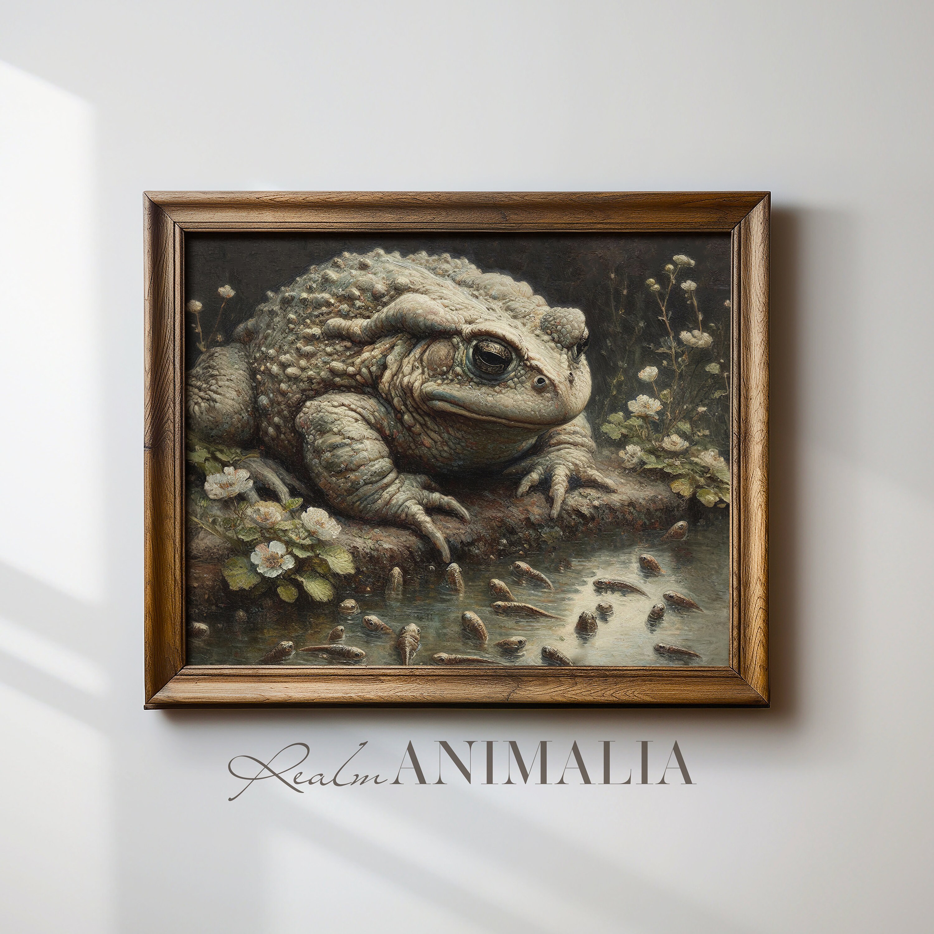 Vintage Toad Painting, Printable Toad With Tadpoles in Nature Scenery ...